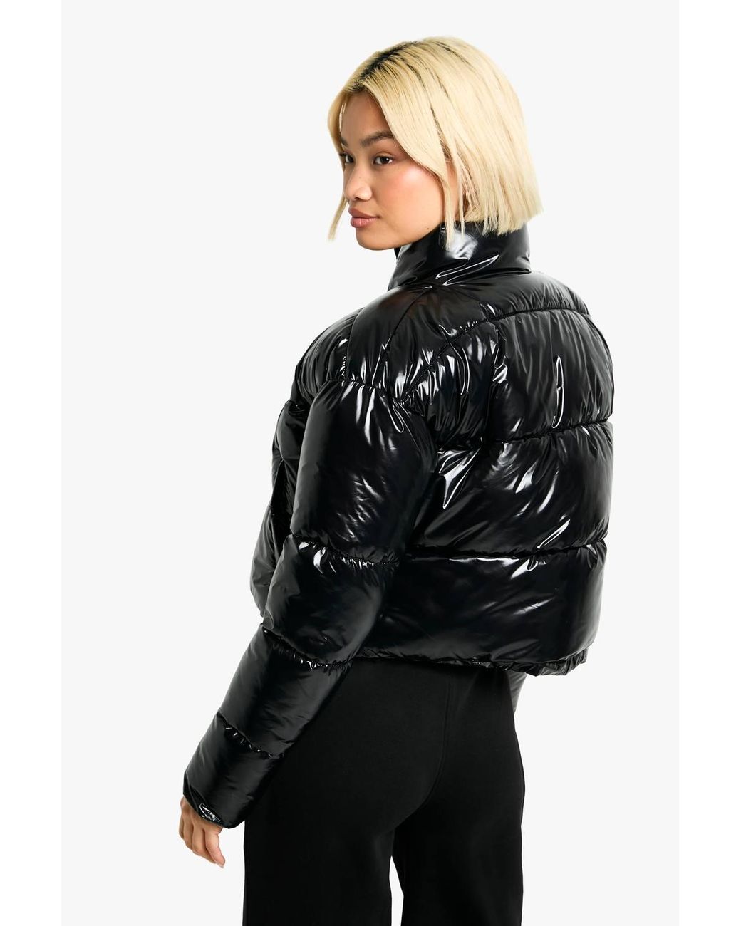 Boohoo Patent Boxy Puffer Jacket in Black | Lyst