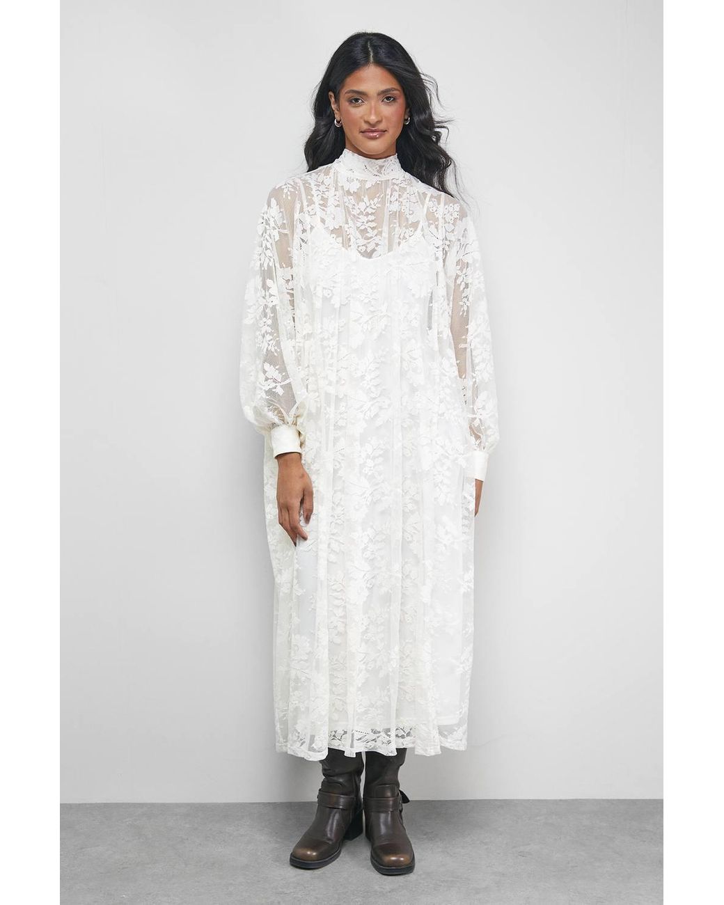 Warehouse Lace High Neck Smock Midi Dress in White | Lyst