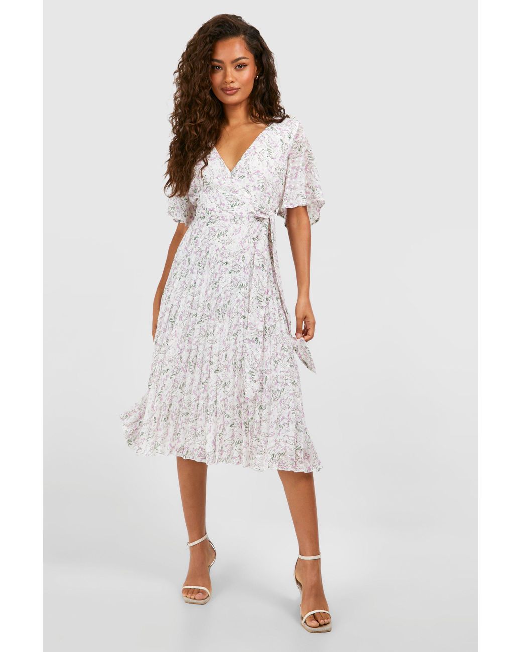 Boohoo Floral Print Pleated Midi Skater Dress In White Lyst