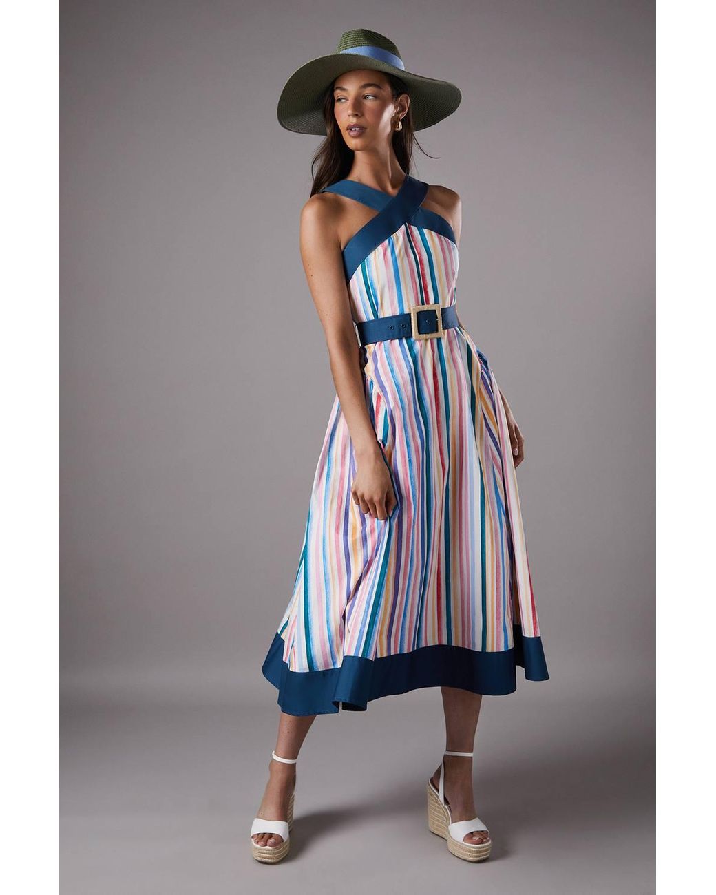 Coast Lisa Tan Stripe Cross Neck Belted Dress in Green | Lyst