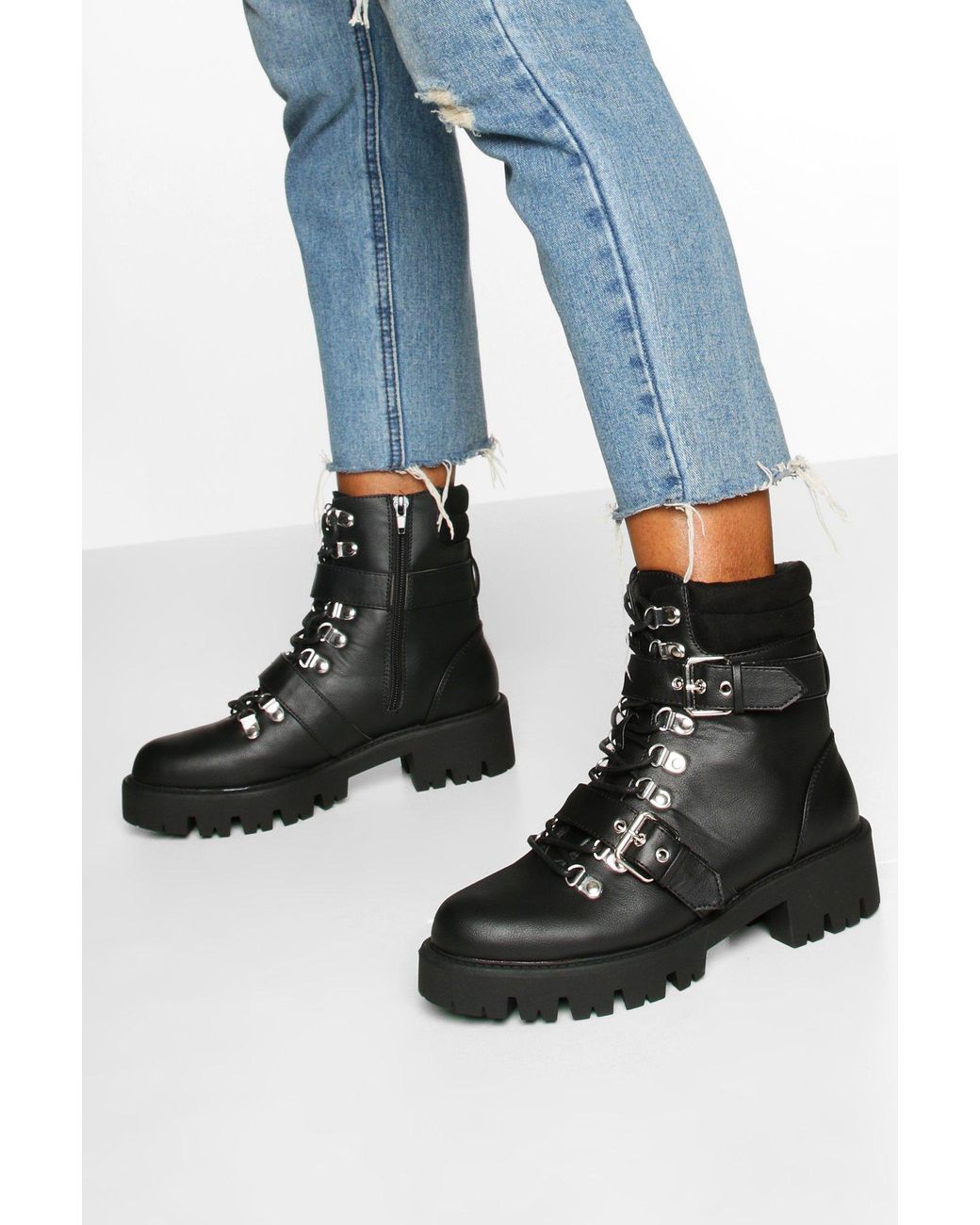Boohoo Buckle Detail Padded Cuff Combat Boots in Black - Lyst