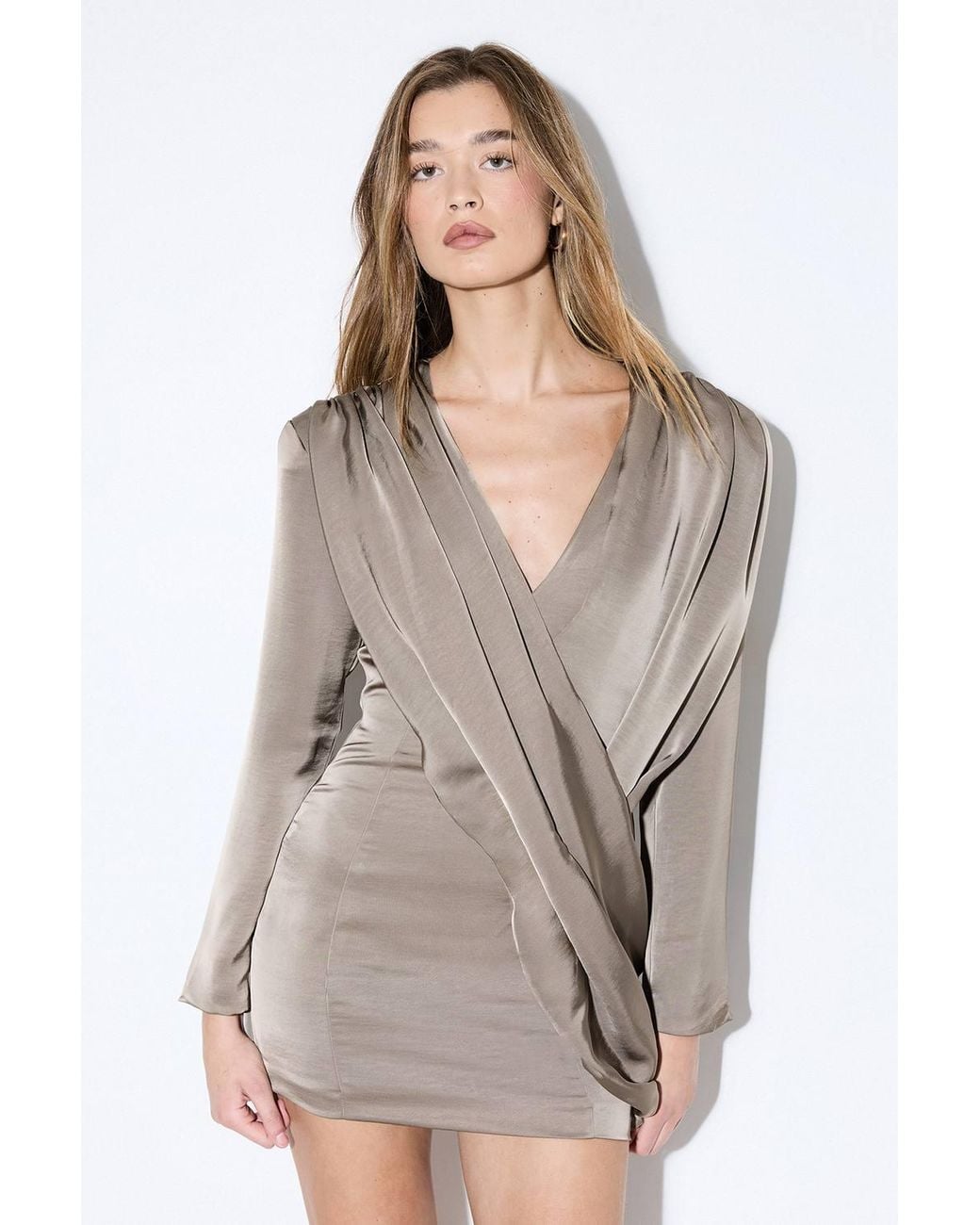 MissPap Satin Extreme Draped Mini Dress in Natural | Lyst