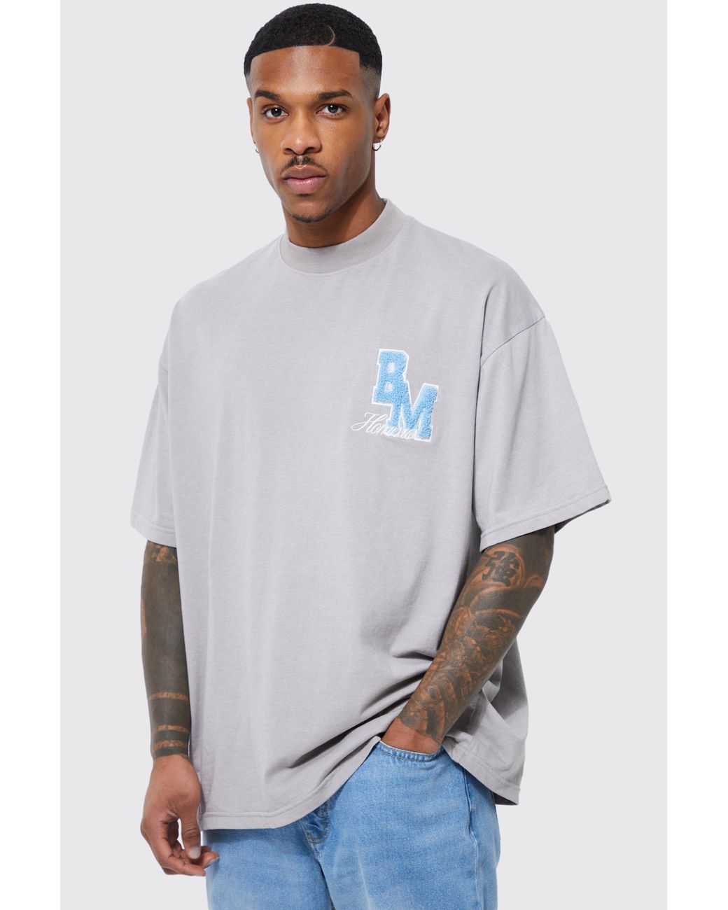 Boohooman Oversized T Shirt With Varsity Applique In Gray For Men Lyst