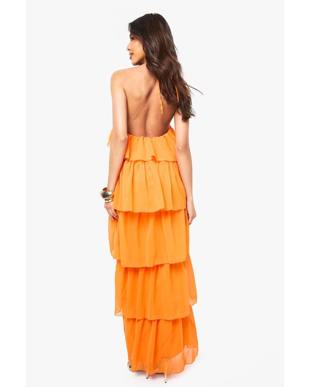 Boohoo Chiffon Halter Neck Tiered Maxi Dress in Orange | Lyst
