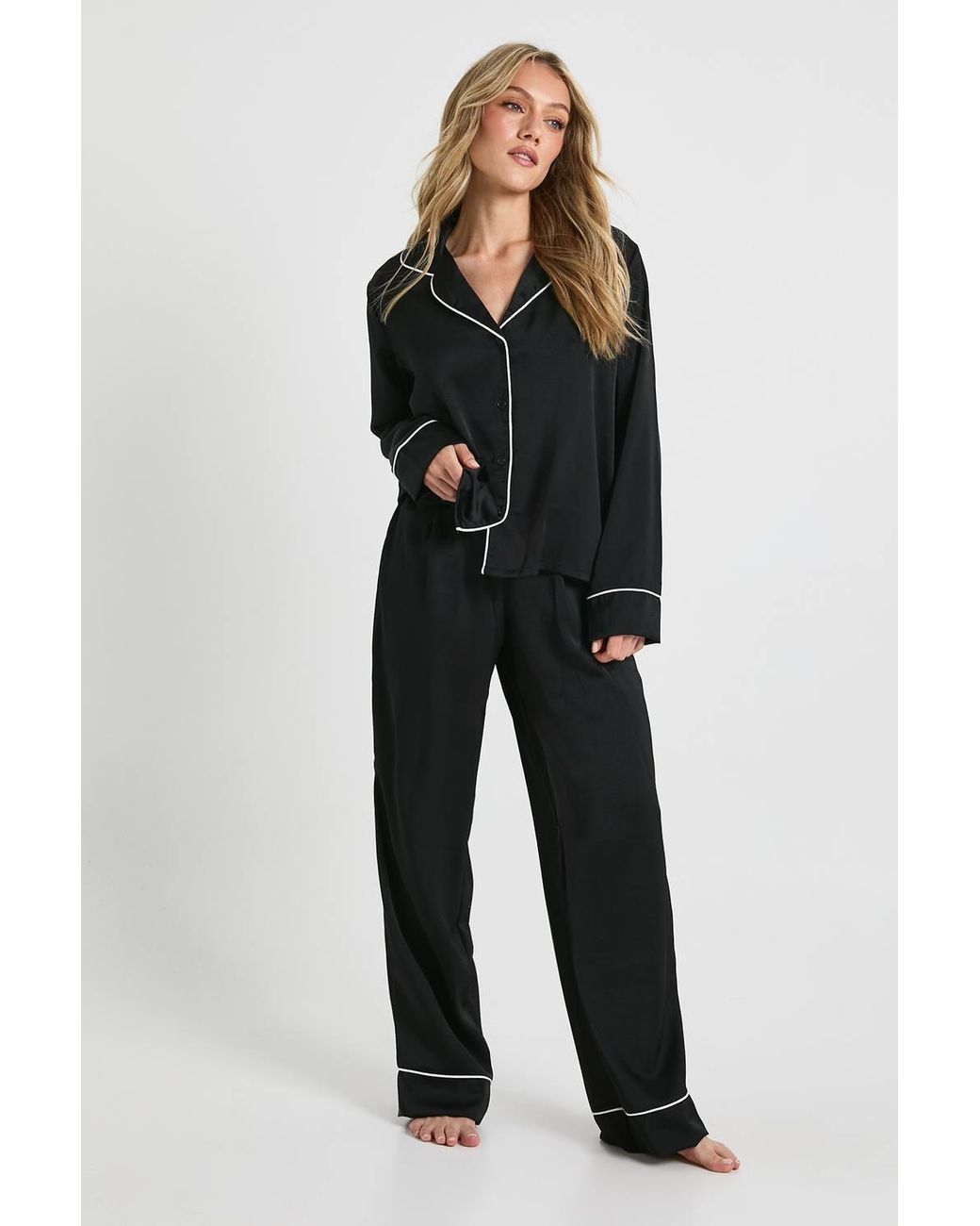 Boohoo Petite Satin Piping Detail Long Sleeve Shirt & Pants Pyjama Set ...