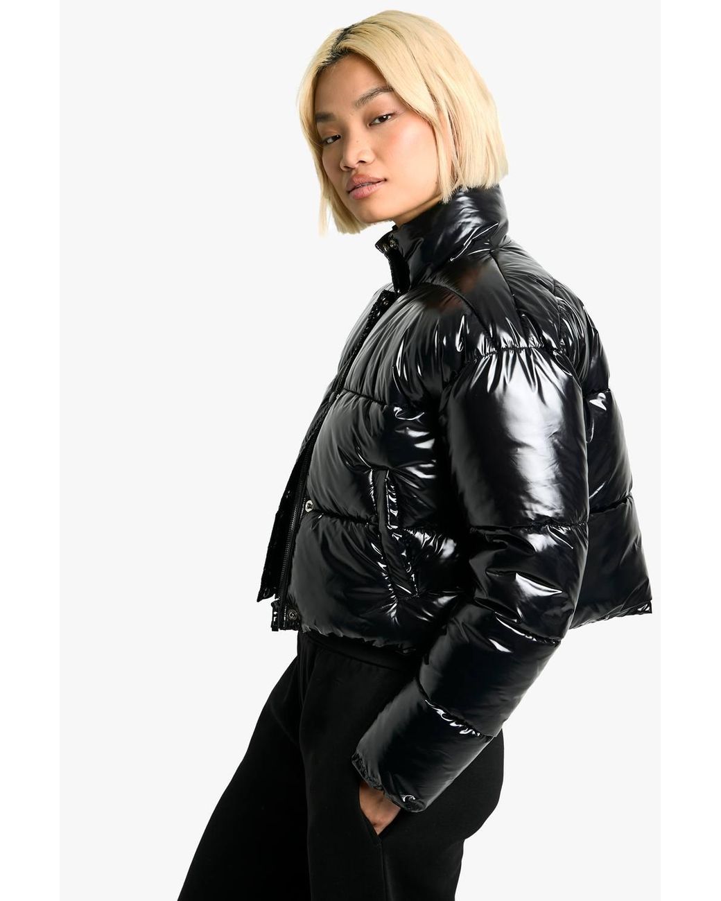 Boohoo Patent Boxy Puffer Jacket in Black | Lyst