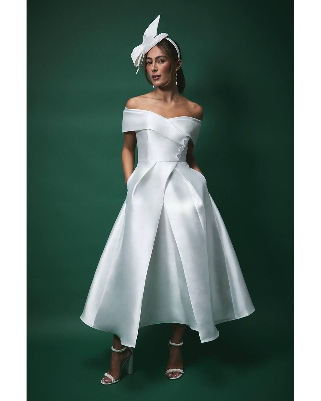 Coast Lisa Tan Twill Bardot Waisted Midi Wedding Dress in Green | Lyst