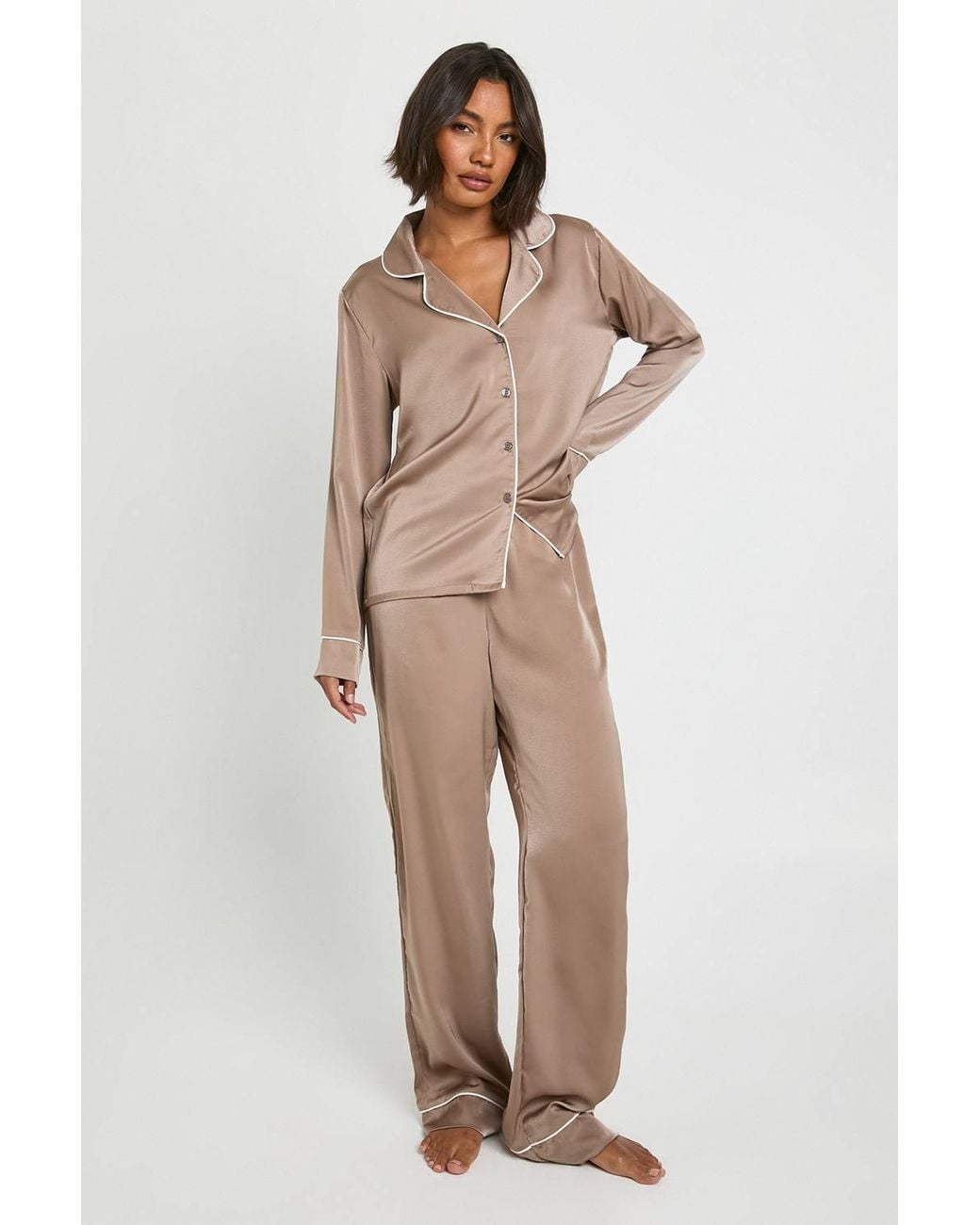 Boohoo Tall Satin Piping Detail Long Sleeve Shirt & Trousers Pyjama Set ...