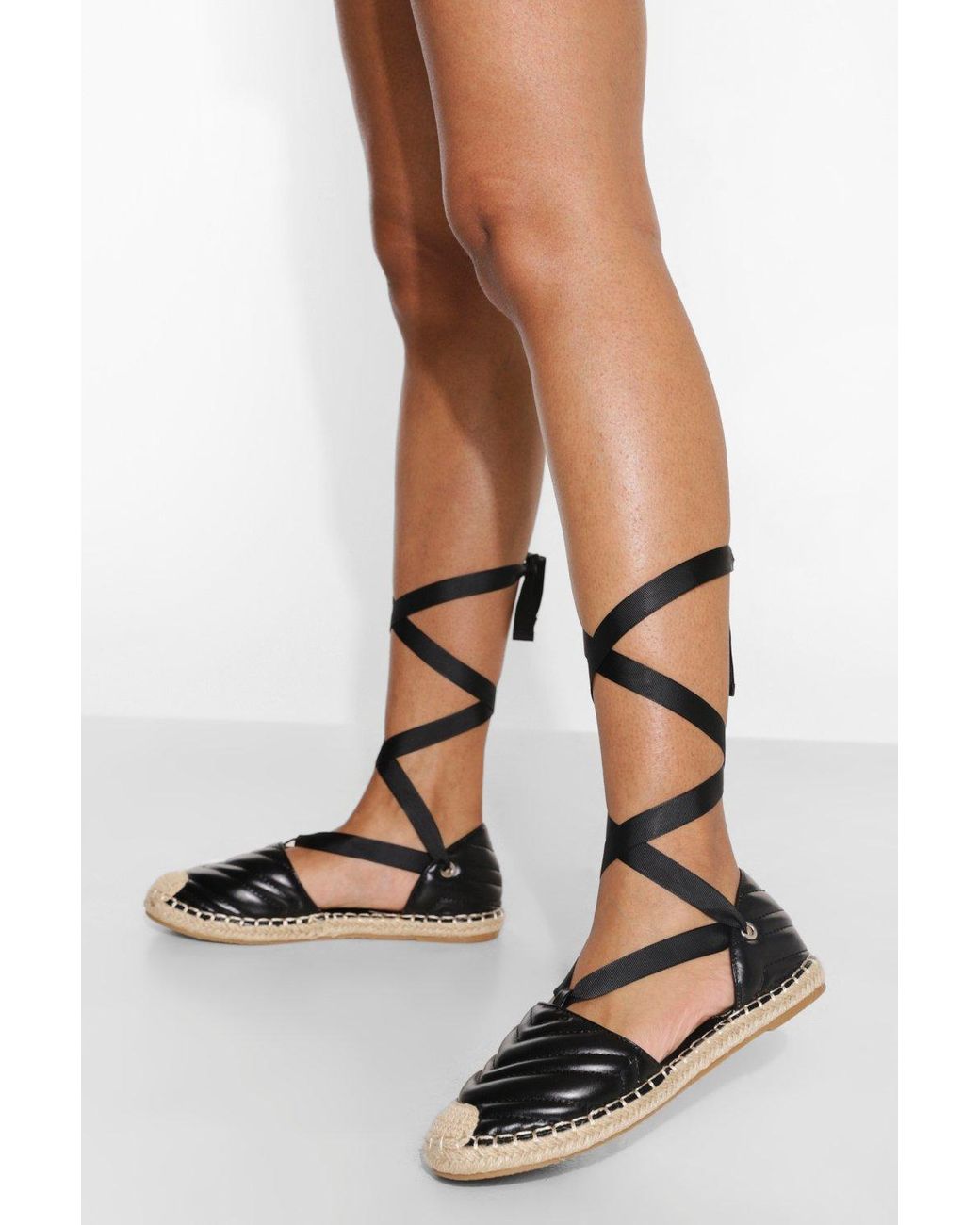 Boohoo Synthetic Quilted Wrap Up Espadrille in Black - Lyst
