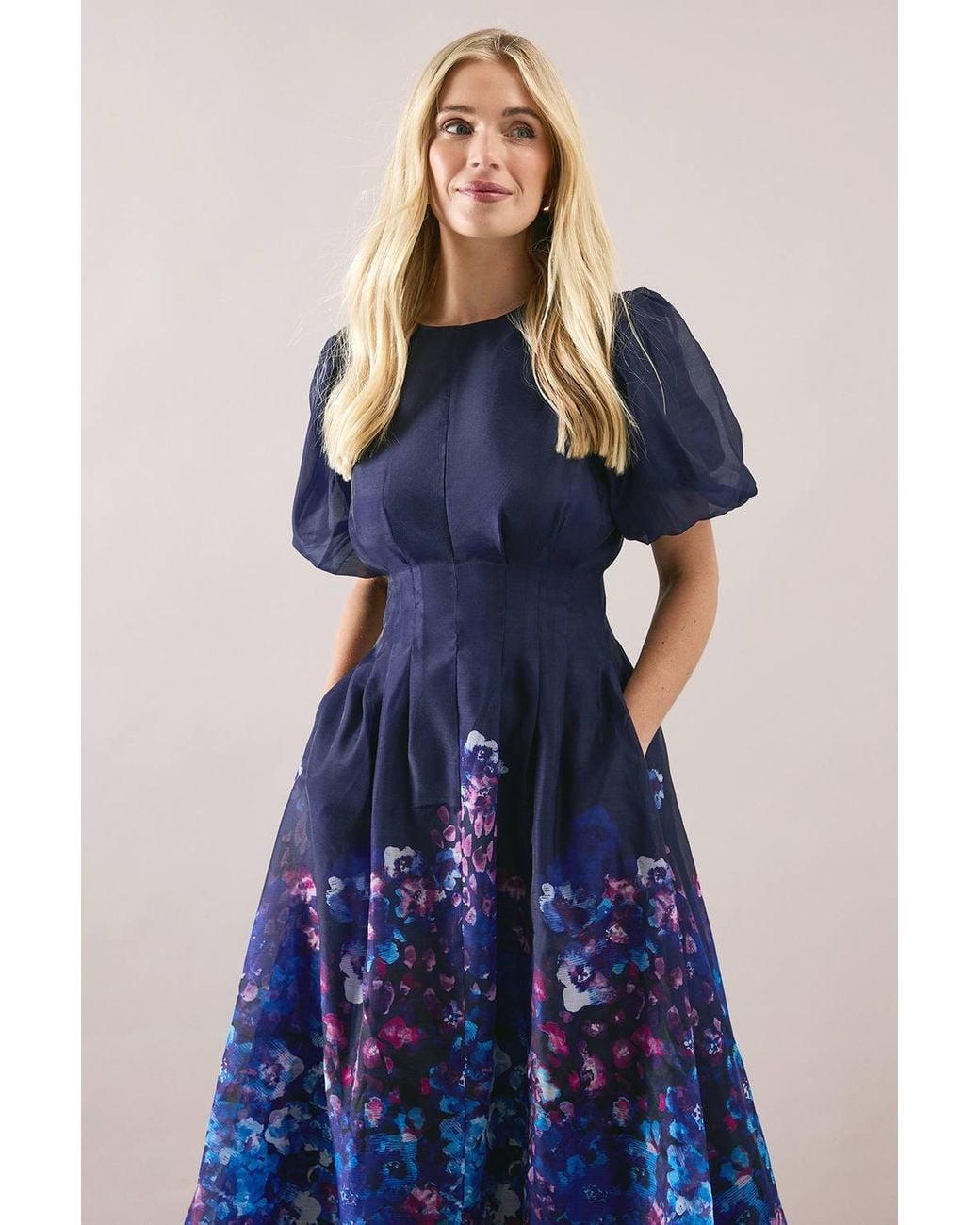 Wallis Petite Floral Organza Puff Sleeve Midi Dress in Blue | Lyst