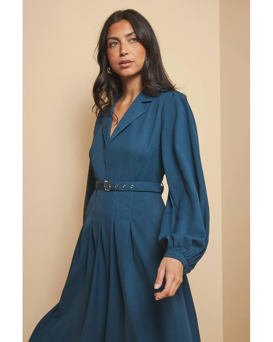 Wallis Crepe Collared Belted Midi Dress in Blue | Lyst