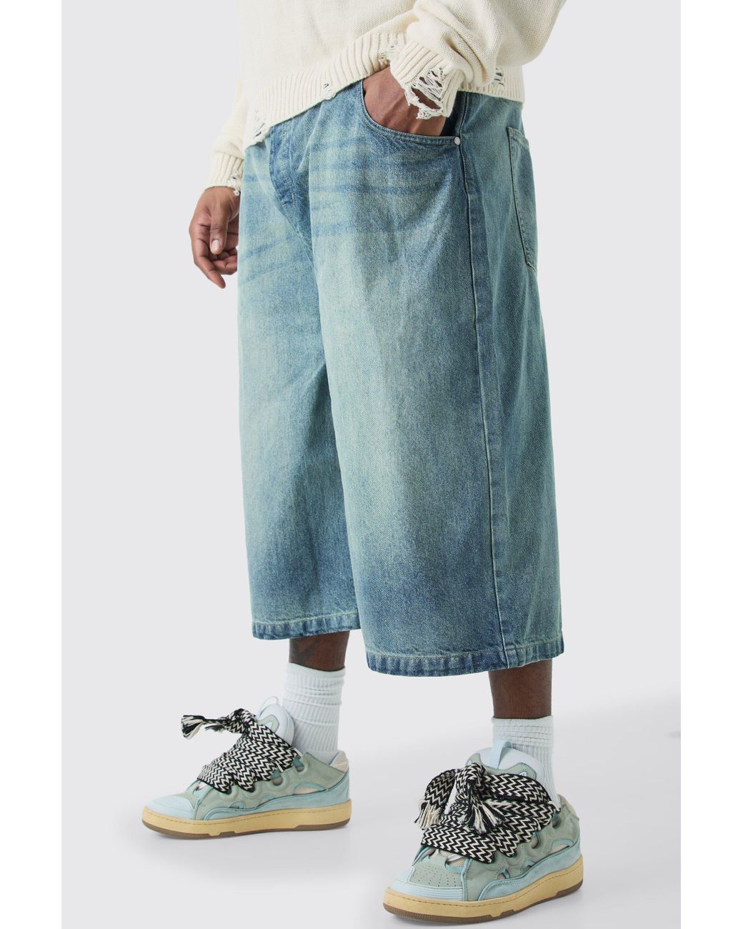 BoohooMAN Plus Long Line Denim Jorts In Antique Blue Wash for Men | Lyst