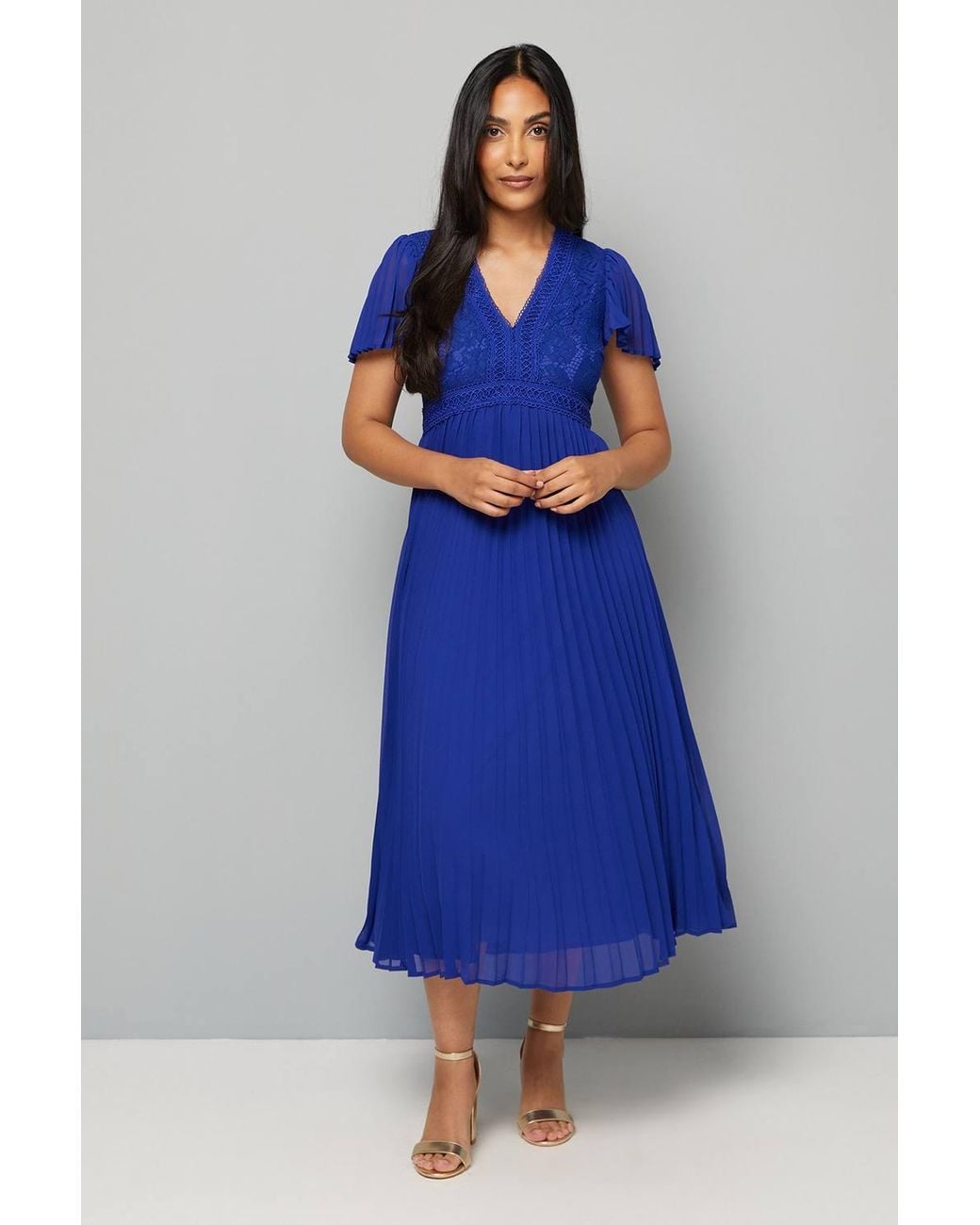 Wallis Petite Lace Pleated Skirt Midi Dress in Blue | Lyst