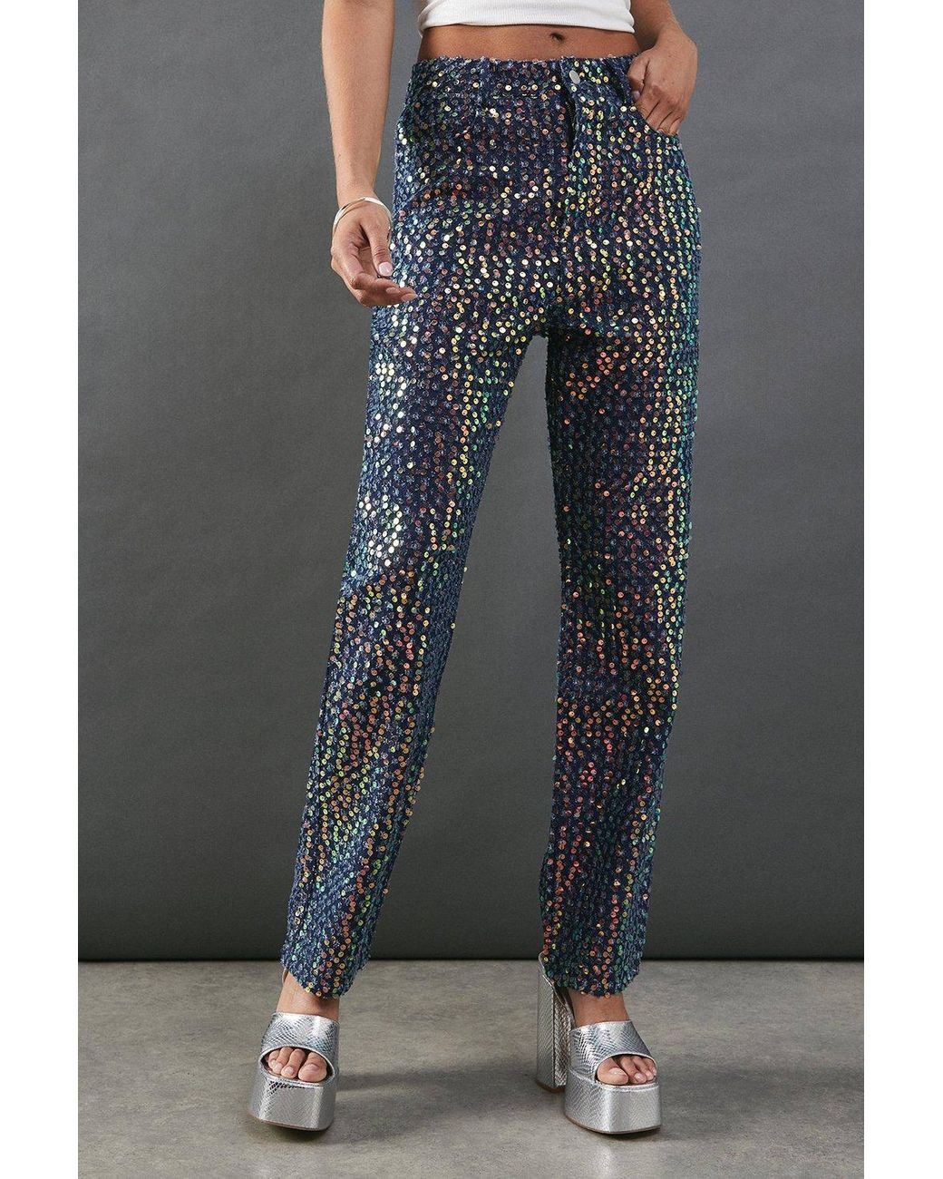 Warehouse Sequin Straight Leg Denim Jeans in Gray | Lyst