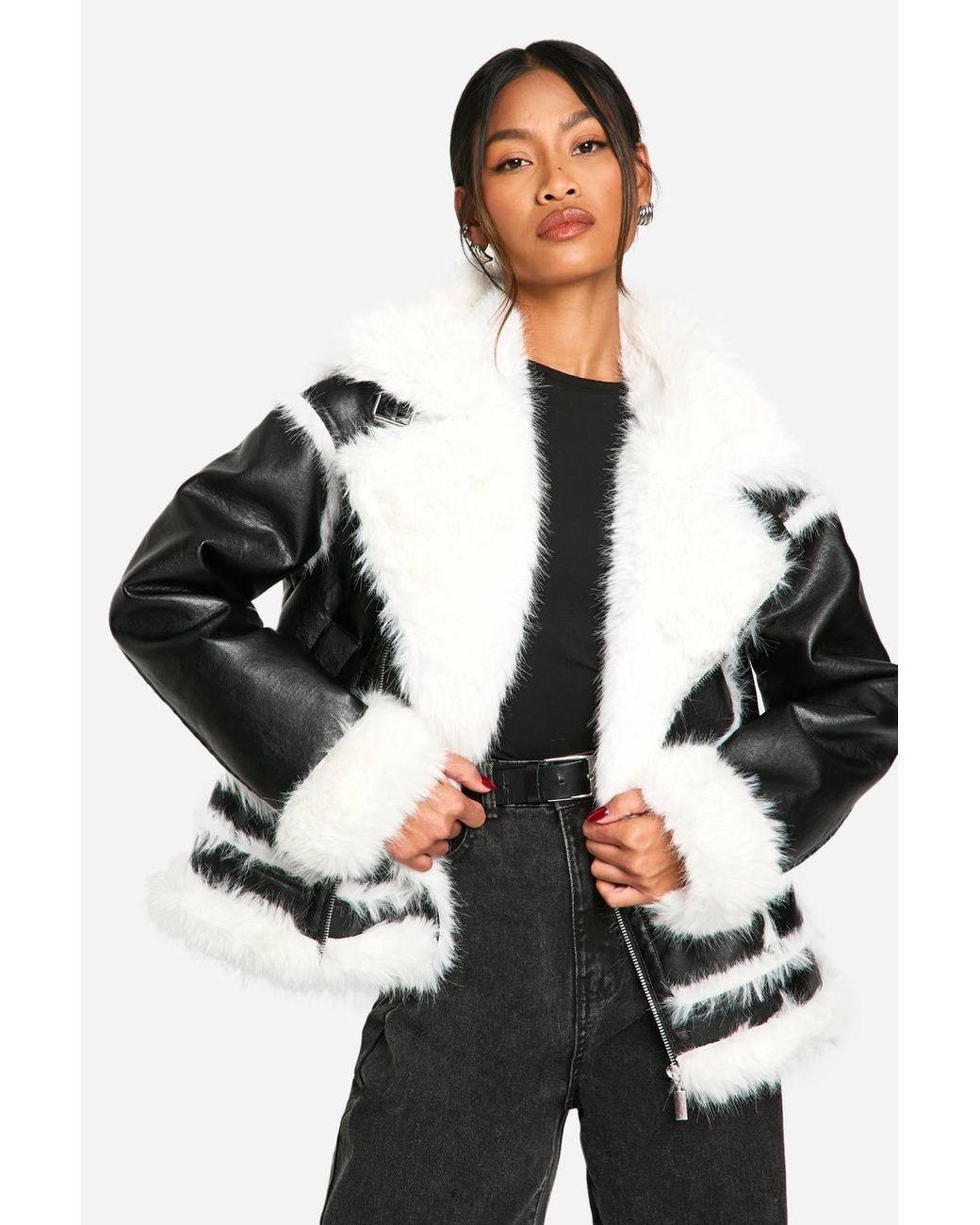 Boohoo Faux Fur Trim Oversized Aviator Jacket in Black | Lyst