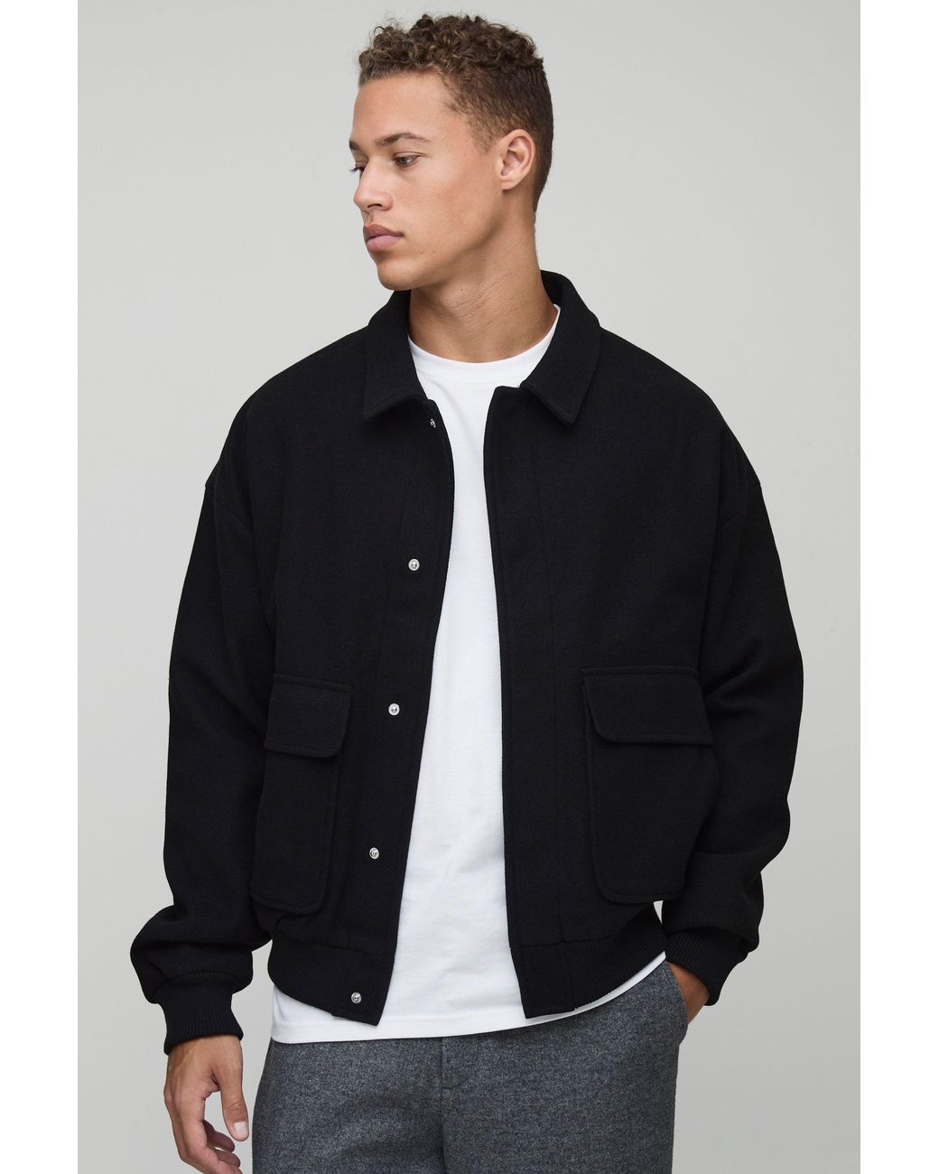 BoohooMAN Tall Boxy Wool Look Harrington Jacket in Black for Men | Lyst
