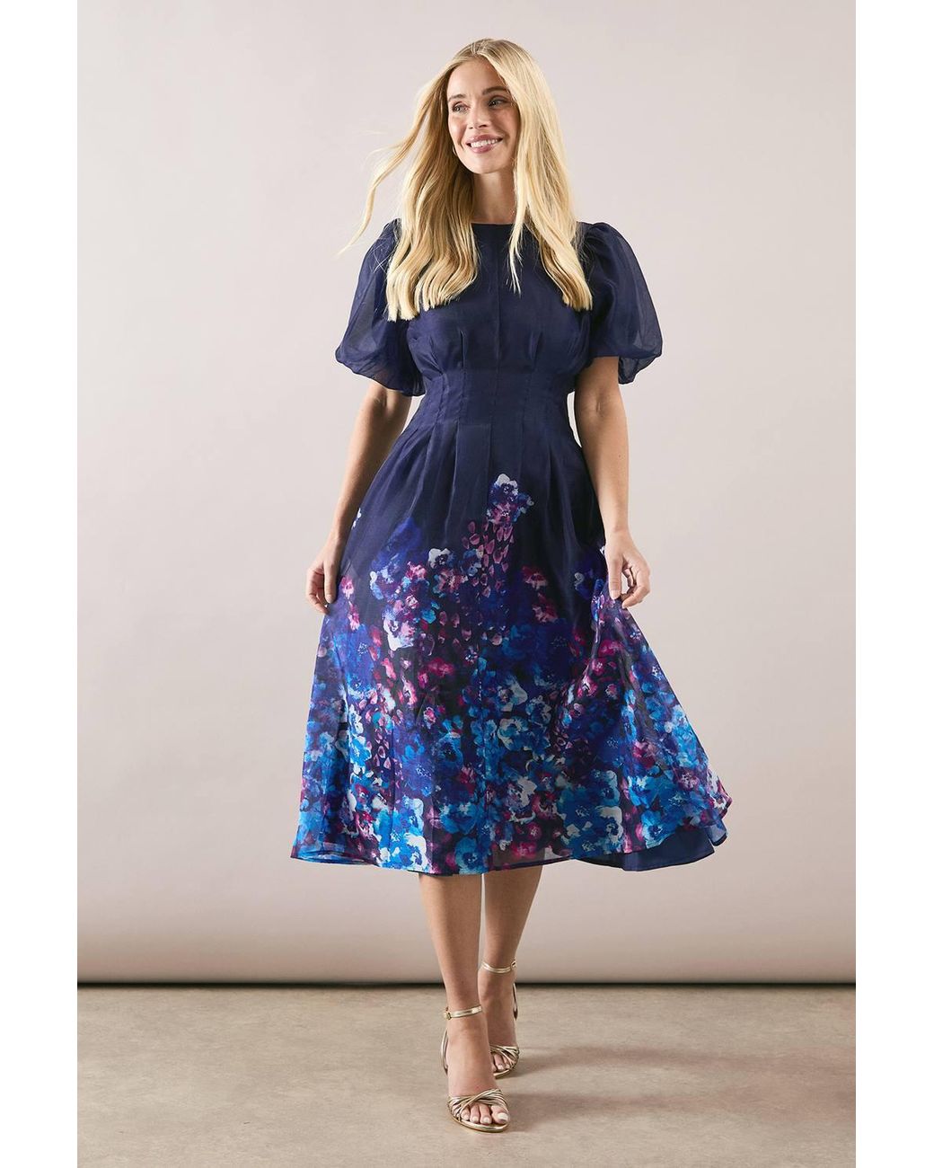Wallis Petite Floral Organza Puff Sleeve Midi Dress in Blue | Lyst