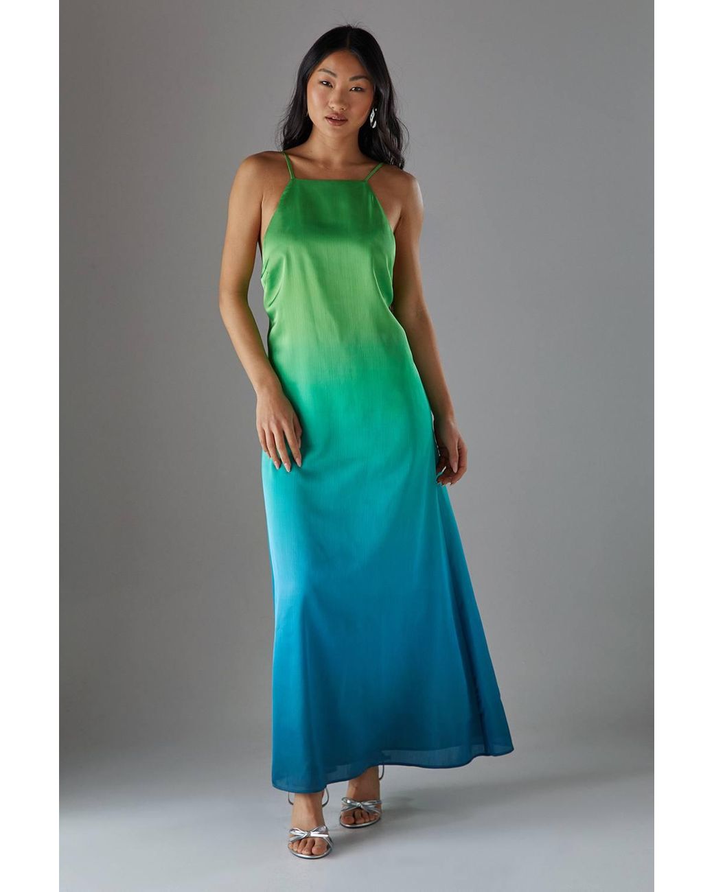Warehouse Petite Ombre Strappy Satin Maxi Sundress in Green | Lyst