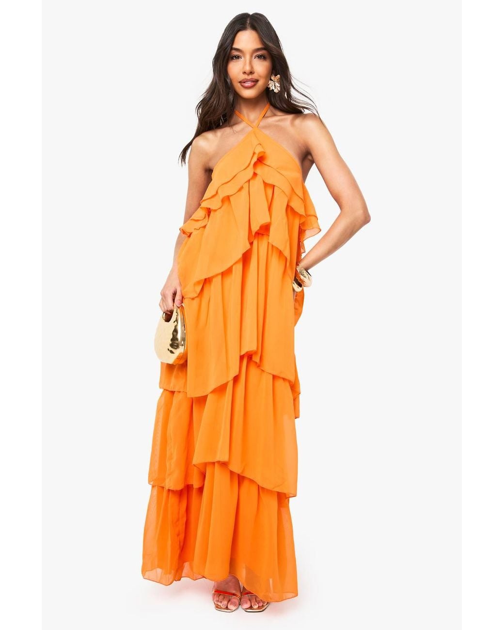 Boohoo Chiffon Halter Neck Tiered Maxi Dress in Orange | Lyst