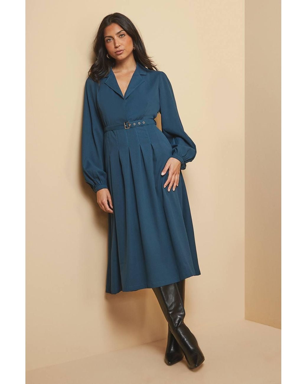 Wallis Crepe Collared Belted Midi Dress in Blue | Lyst