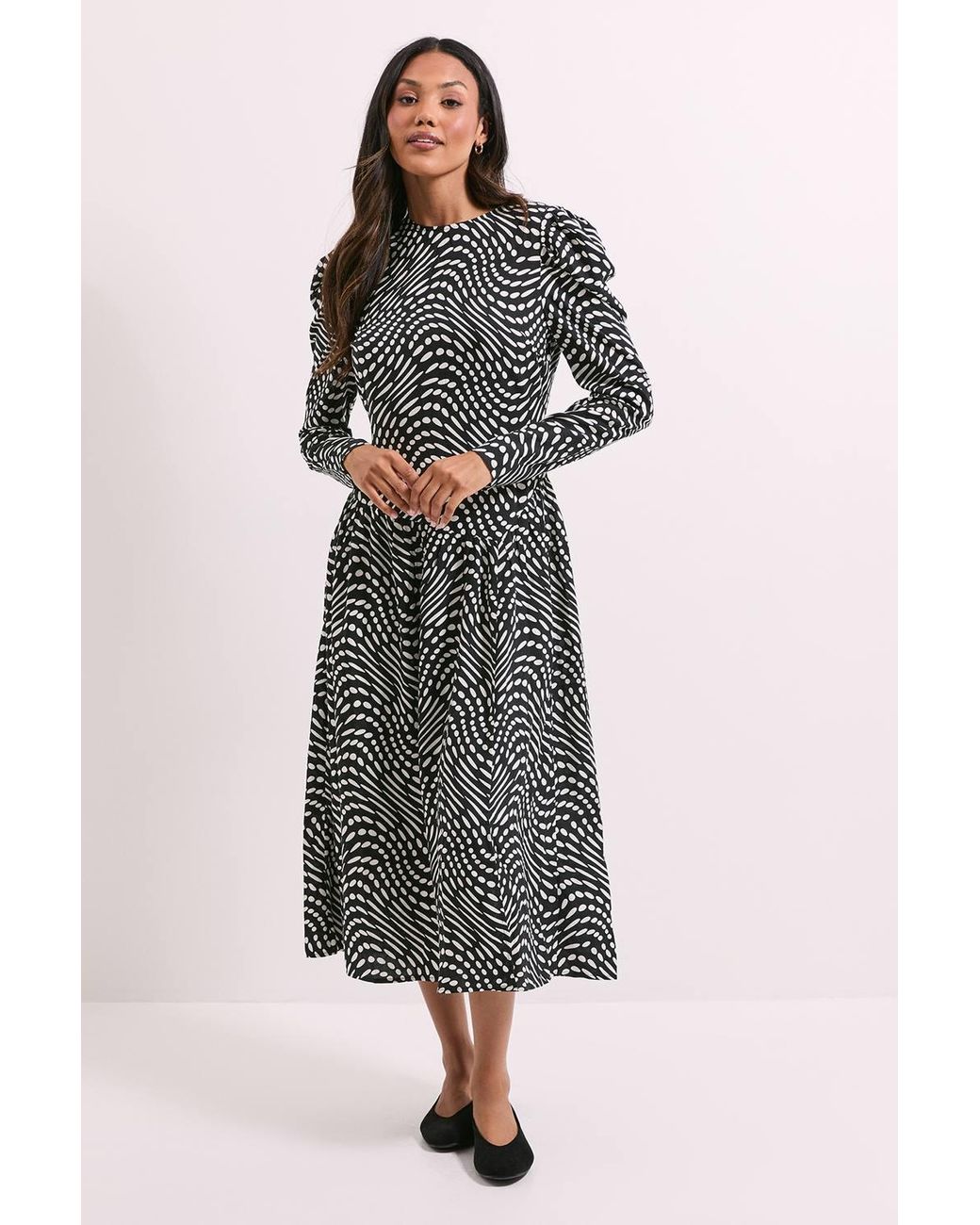 Dorothy Perkins Mono Spot Dropped Waist A-Line Midi Dress | Lyst