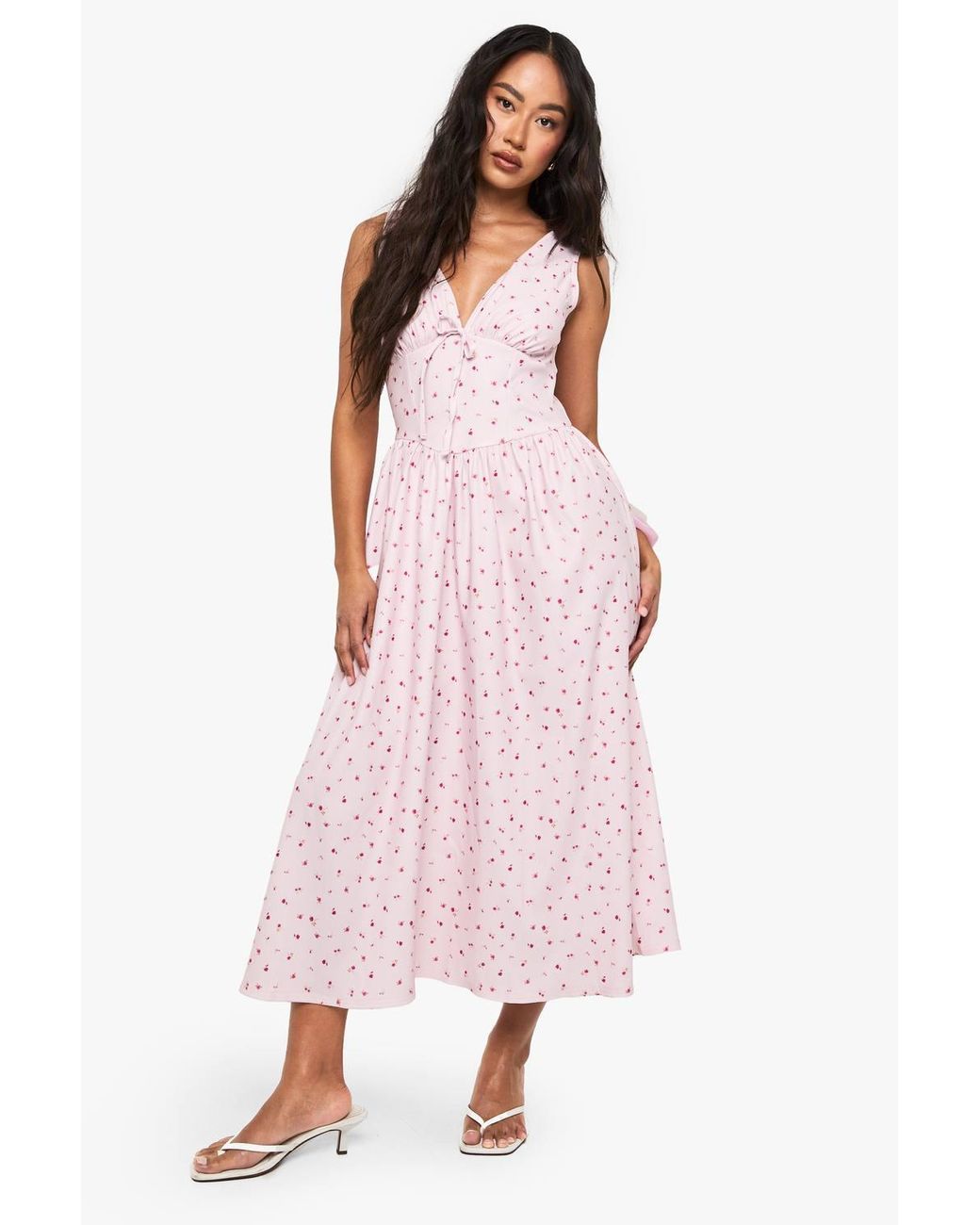 Boohoo Ditsy Floral Tie Front Milkmaid Midaxi Dress in Pink | Lyst