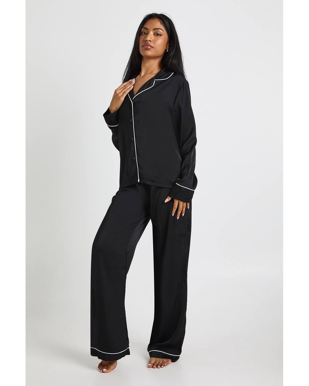 Boohoo Satin Piping Detail Long Sleeve Shirt & Trouser Pyjama Set in ...