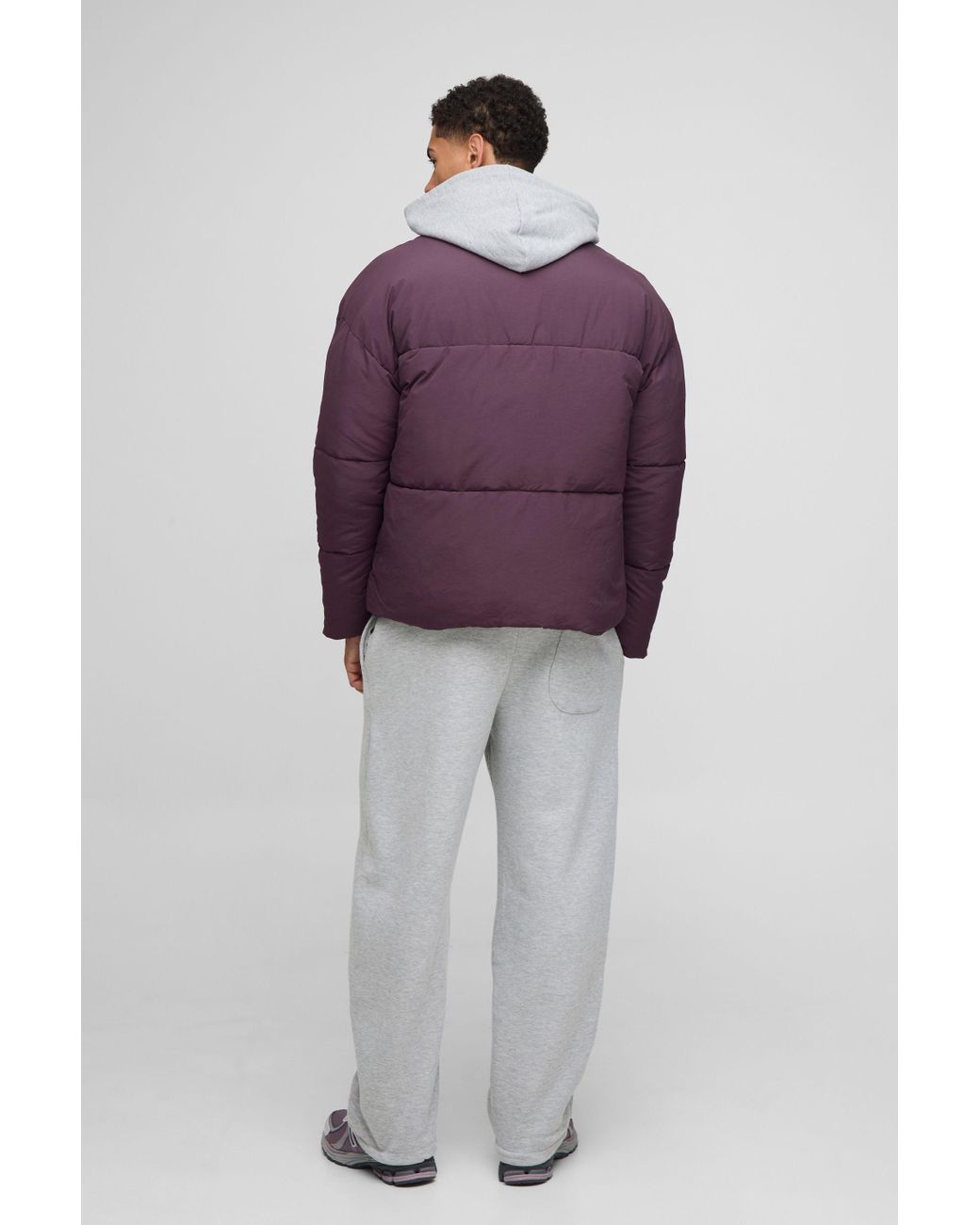 BoohooMAN Boxy Fit Extreme Filled Funnel Neck Puffer Jacket in Purple ...