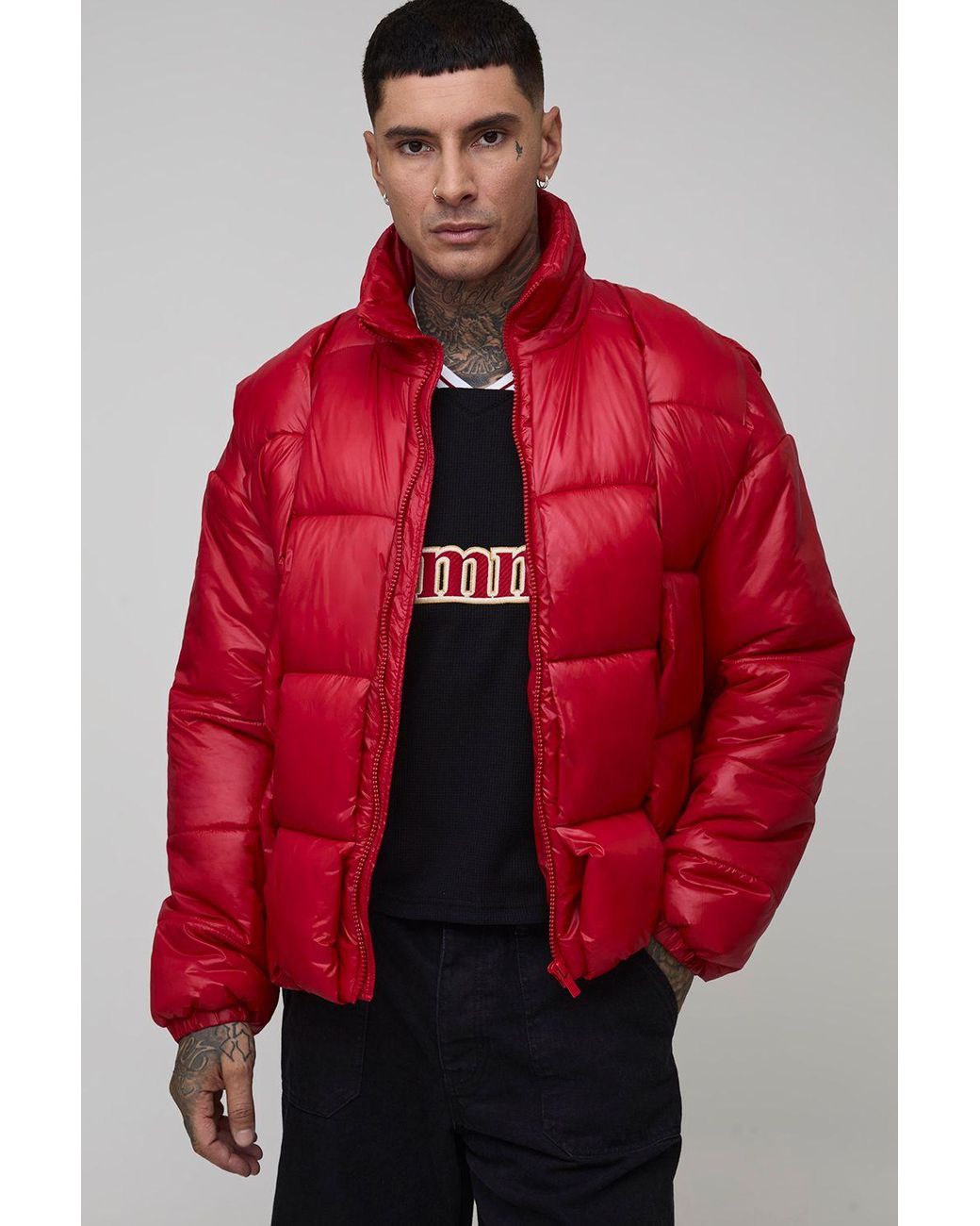 BoohooMAN Tall High Shine Weft Oversized Funnel Neck Puffer Jacket in ...
