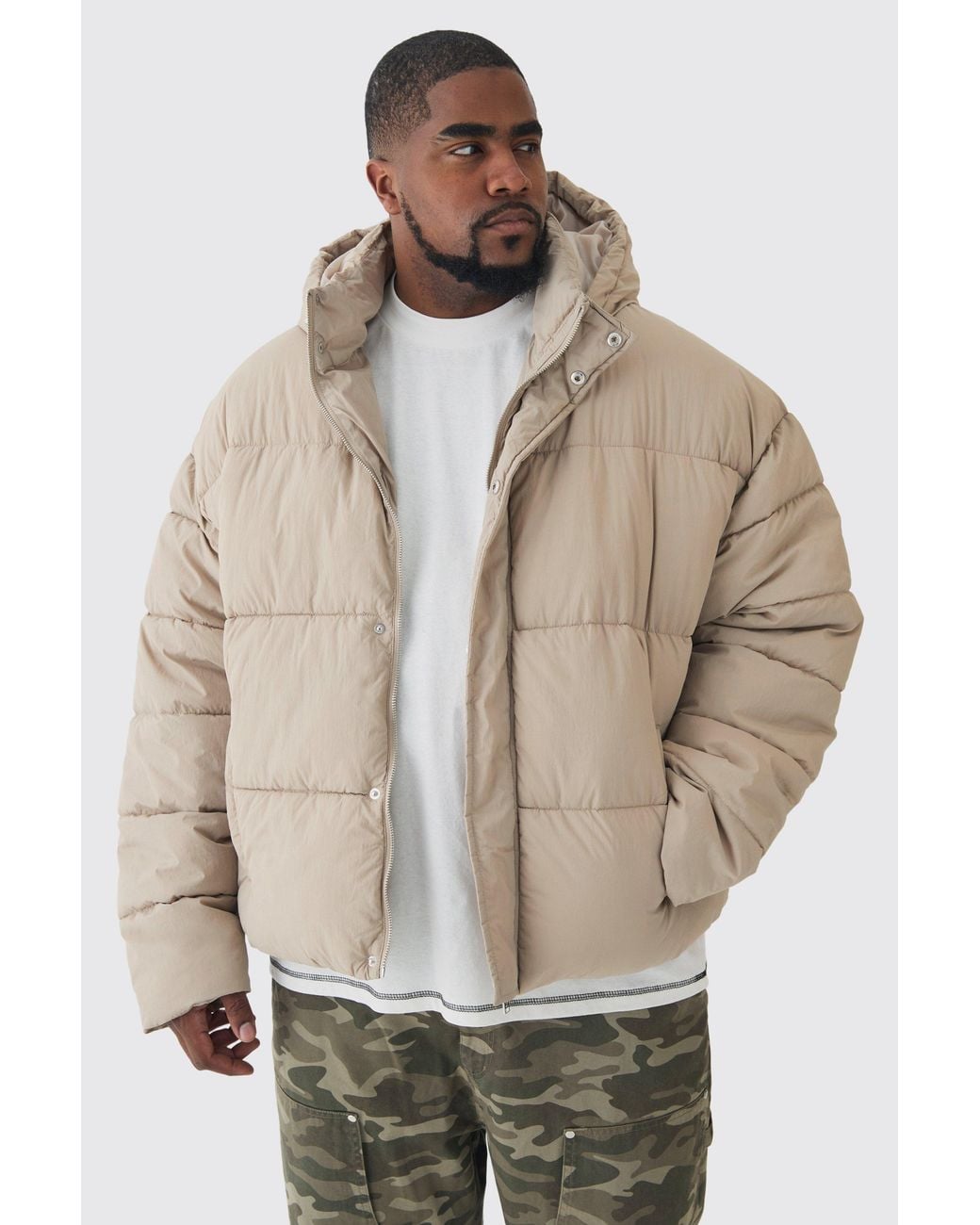 BoohooMAN Plus Boxy Crinkle Nylon Puffer Jacket In Sand in Natural for ...