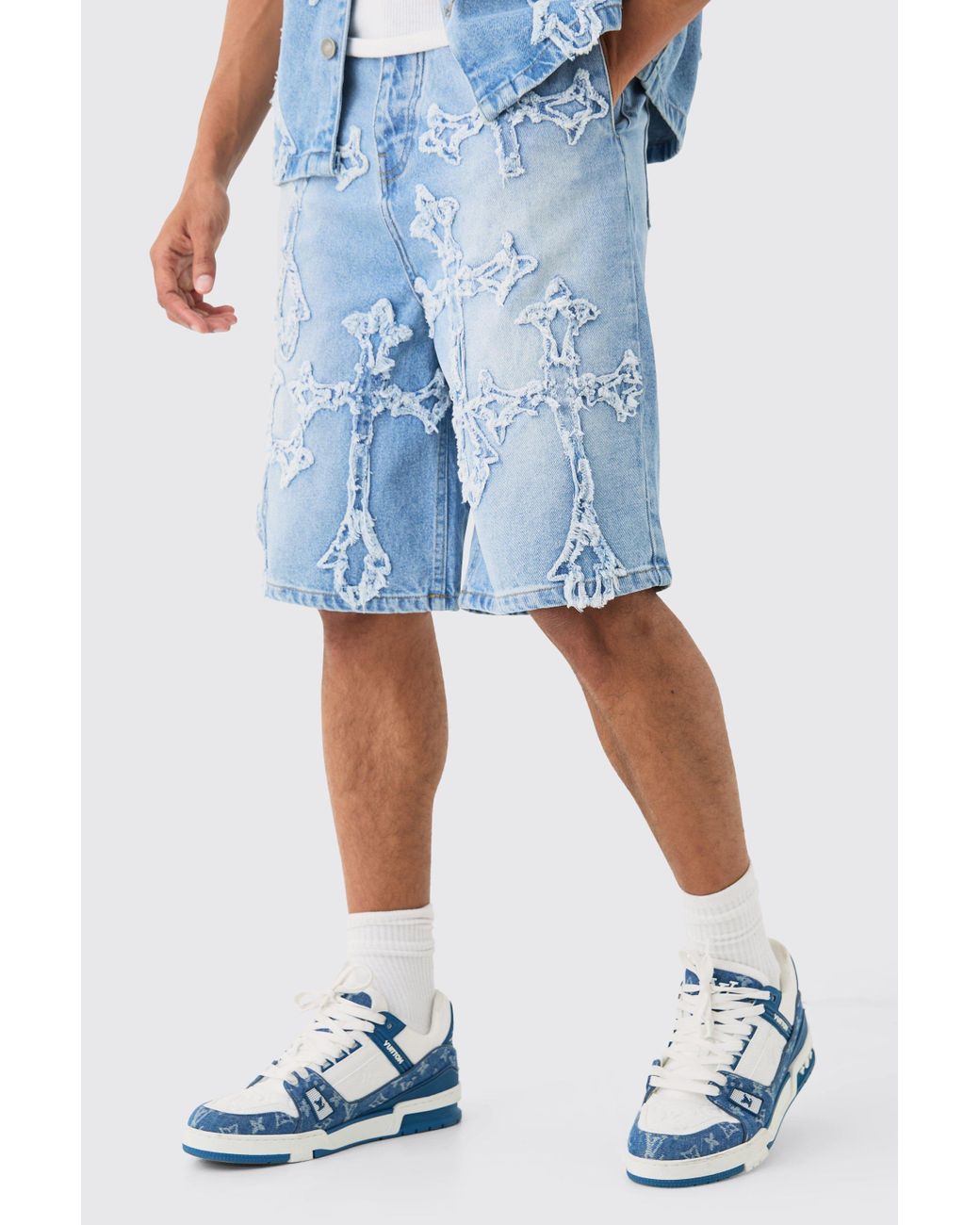 BoohooMAN Distressed Cross Applique Denim Jorts in Blue for Men | Lyst