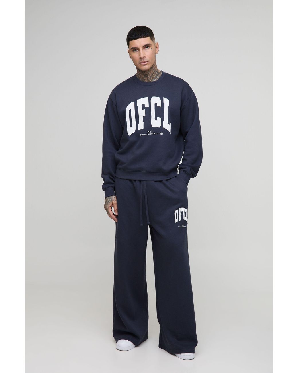 BoohooMAN Tall Ofcl Boxy Distressed Applique Sweater & Extreme Wide Leg ...