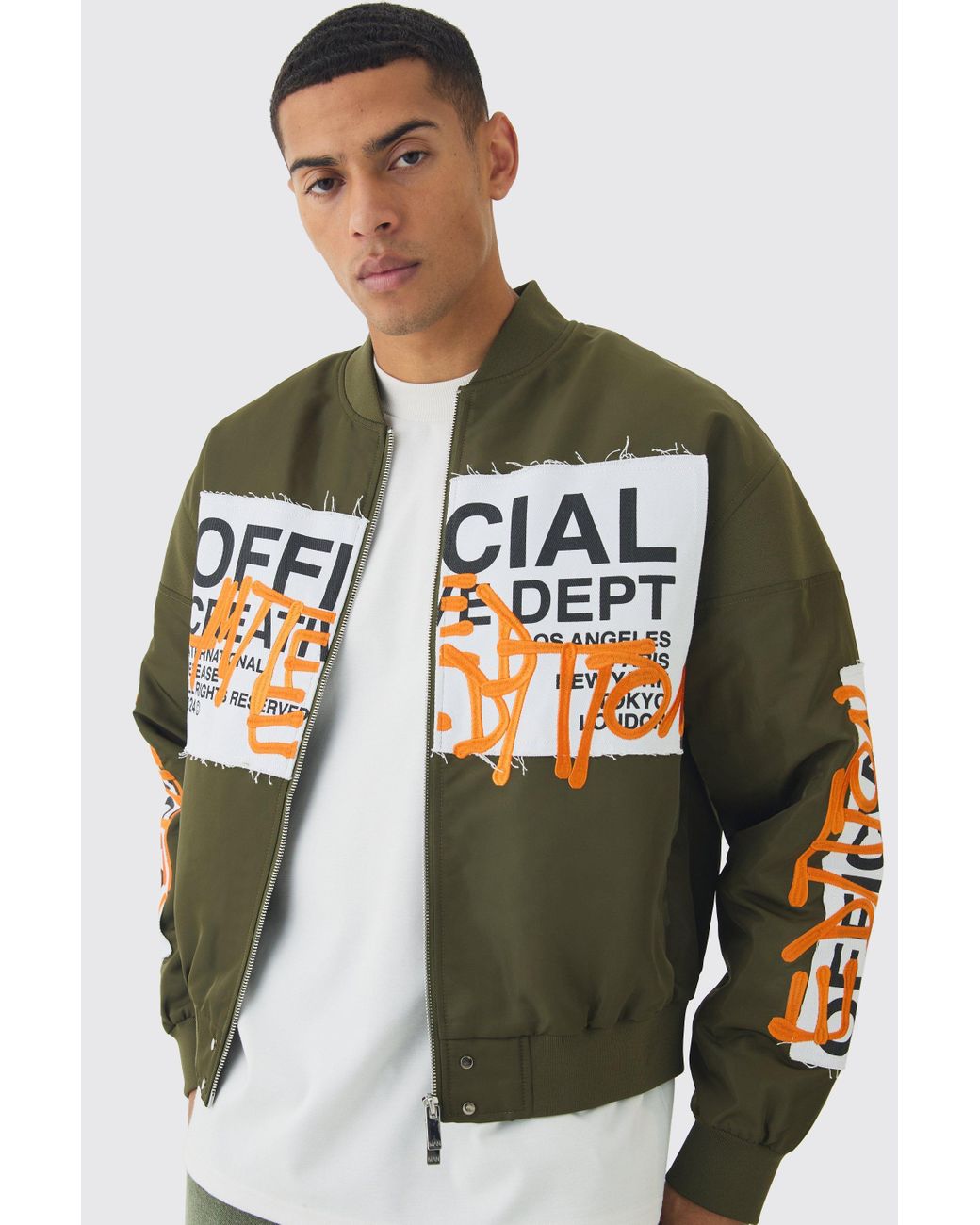 BoohooMAN Boxy Official Graffiti High Shine Bomber Jacket in Green for ...