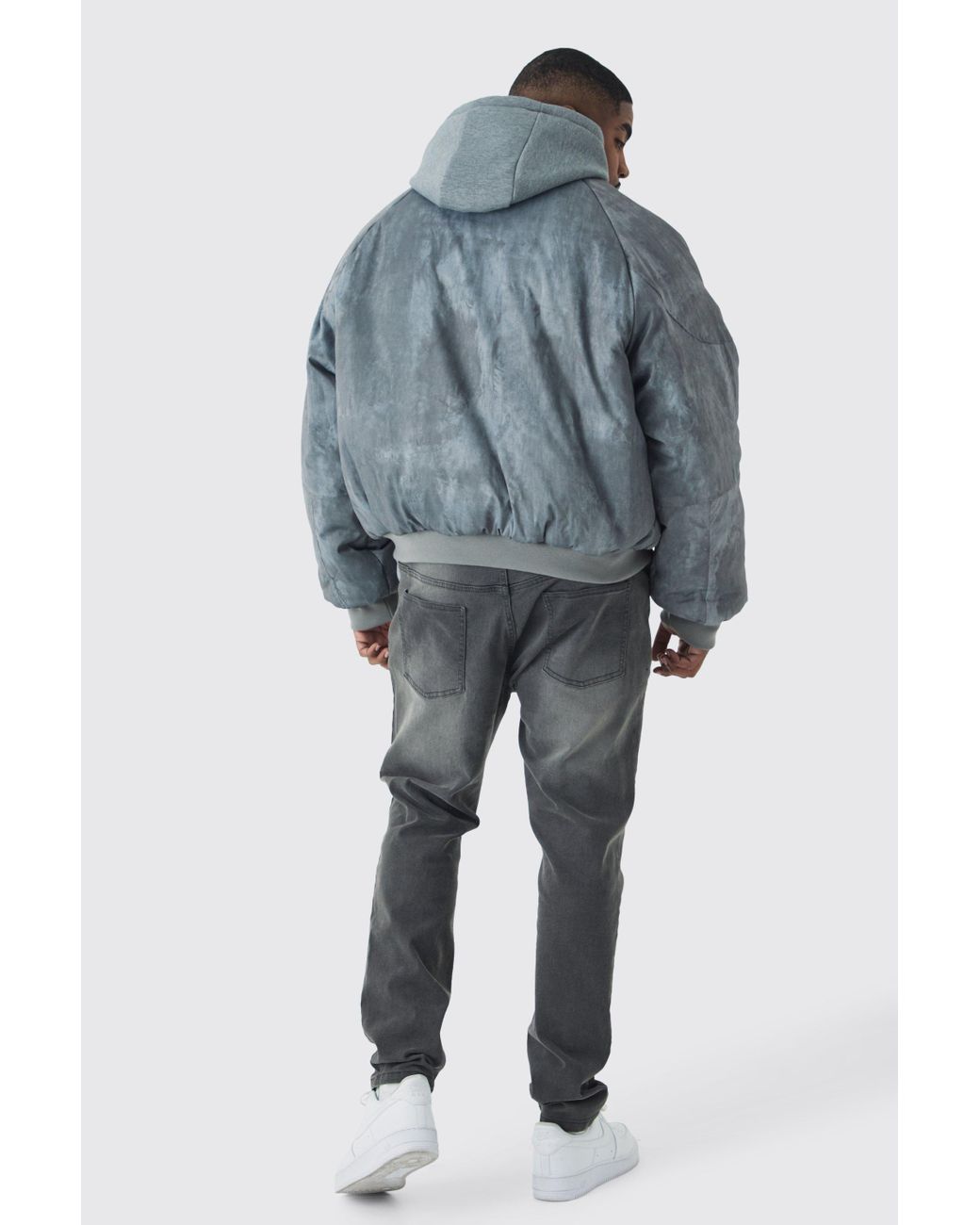 BoohooMAN Plus Boxy Washed Padded Hooded Bomber Jacket In Grey in Blue ...