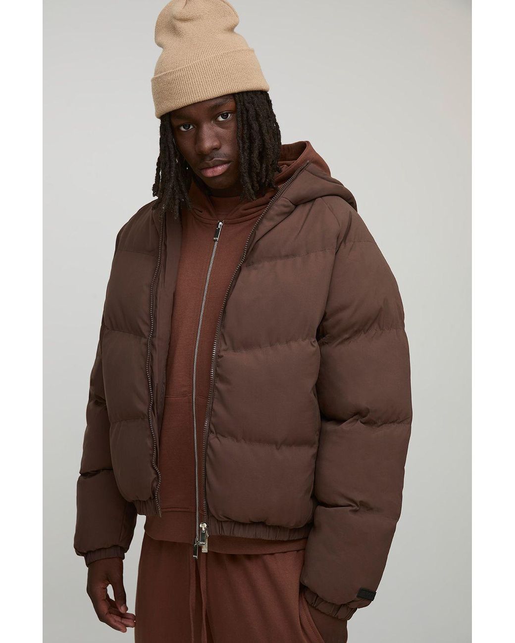 BoohooMAN Man Regular Fit Hooded Puffer Coat In Brown for Men | Lyst