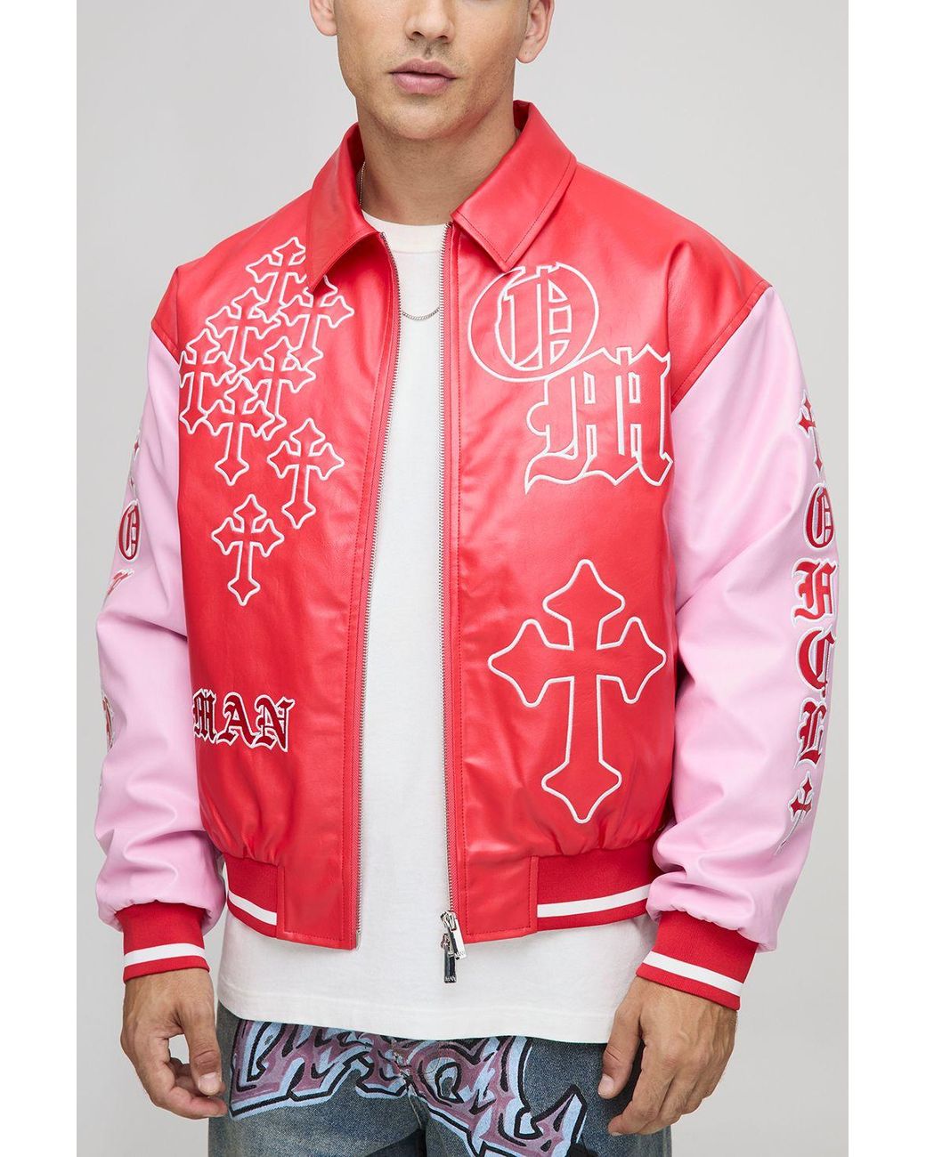 BoohooMAN Pu Multi Applique Boxy Bomber Jacket in Red for Men | Lyst