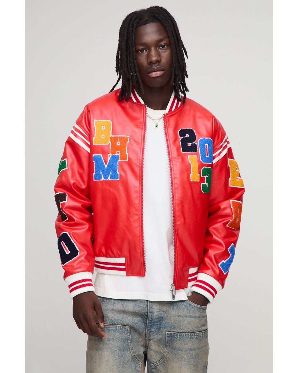 BoohooMAN Boxy Fit Letter Badge Applique Pu Varsity Bomber Jacket in ...