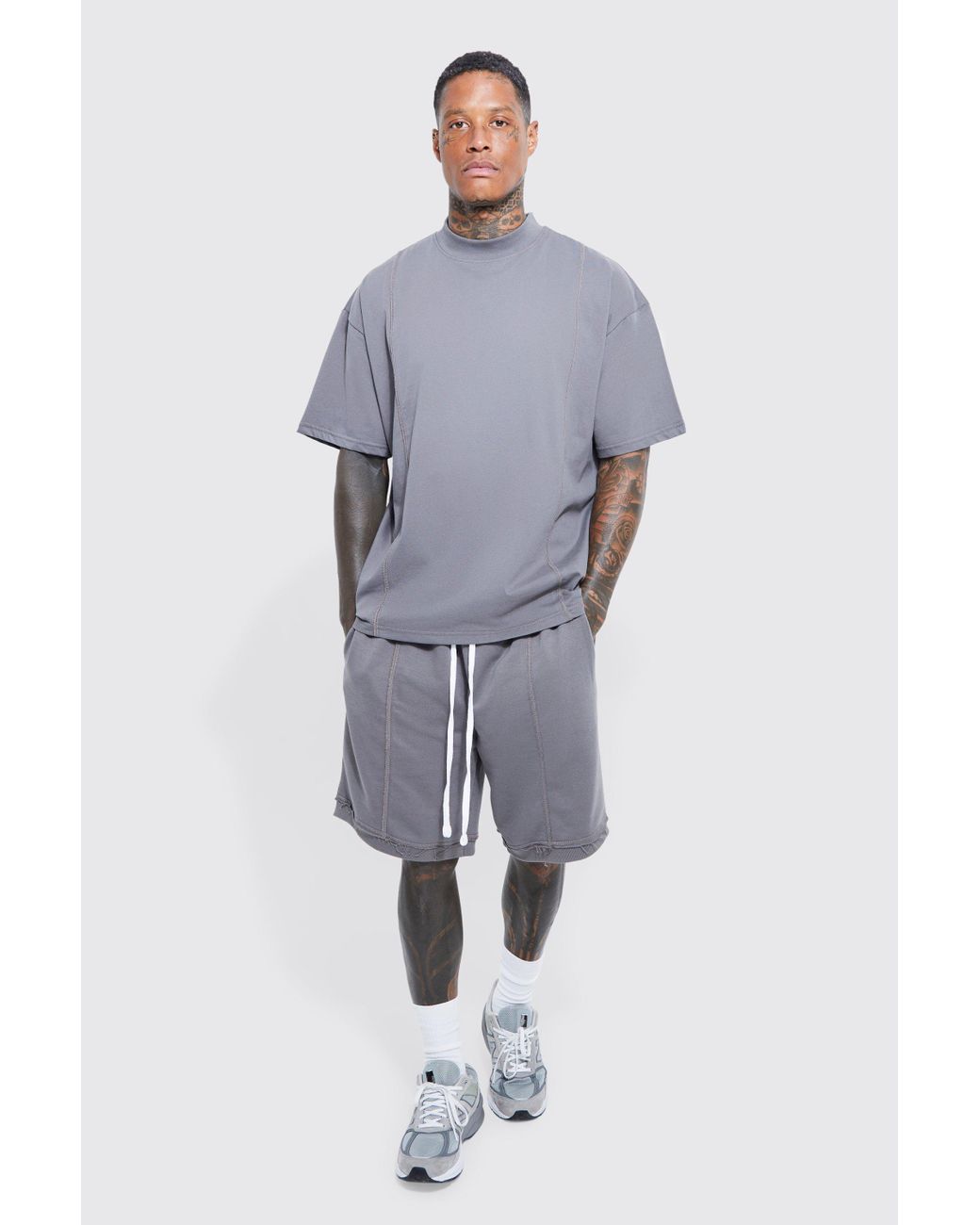 Boohooman Oversized T Shirt And Dropped Crotch Short Set In Blue For Men