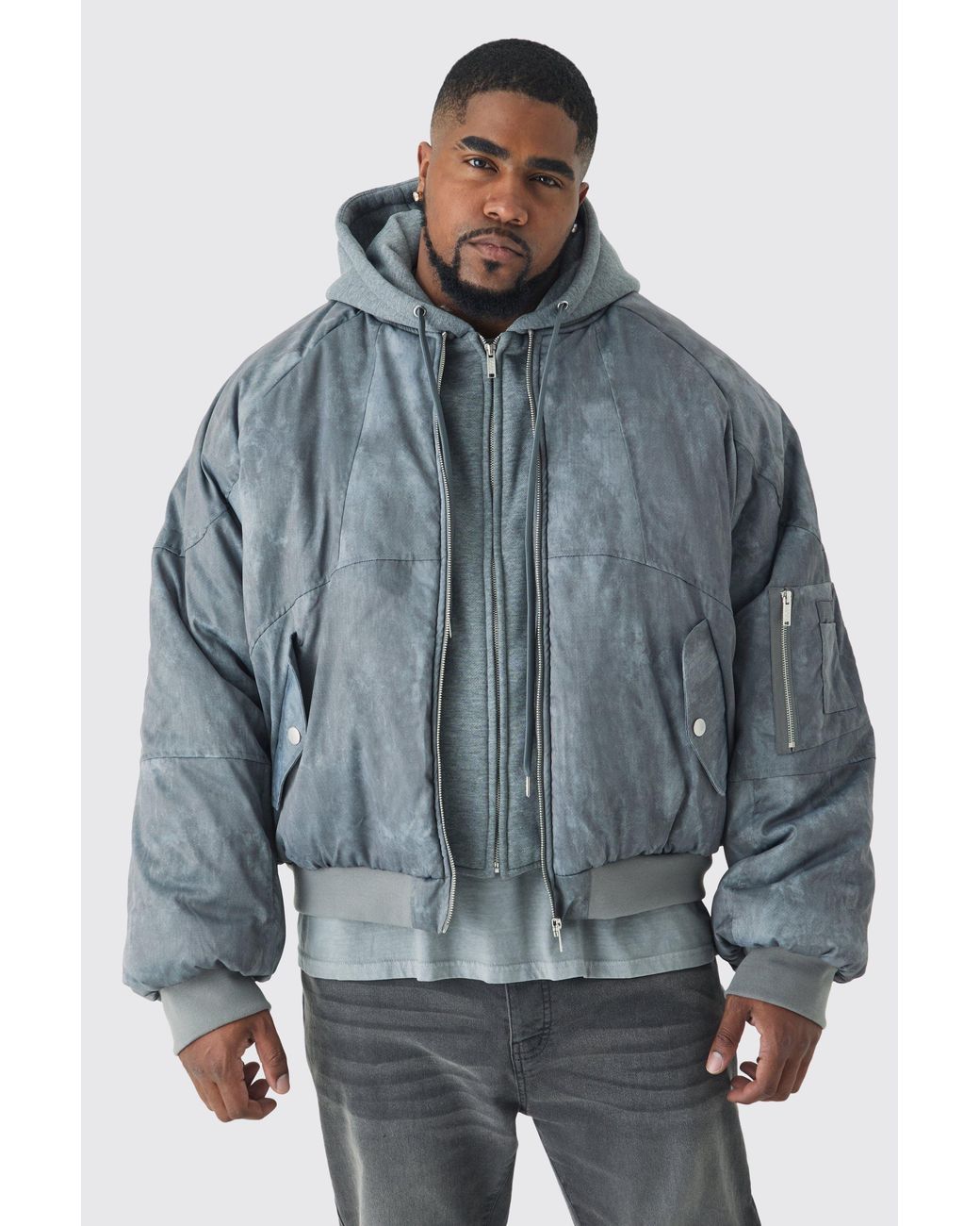 BoohooMAN Plus Boxy Washed Padded Hooded Bomber Jacket In Grey in Blue ...