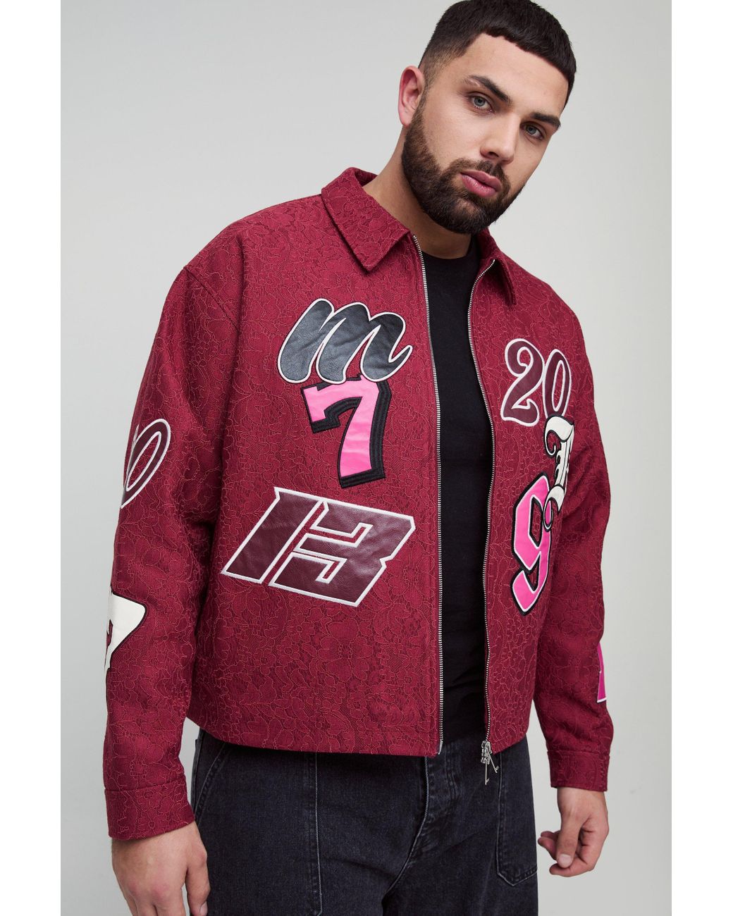 BoohooMAN Plus Boxy Oversized Lace All Over Applique Harrington Jacket ...