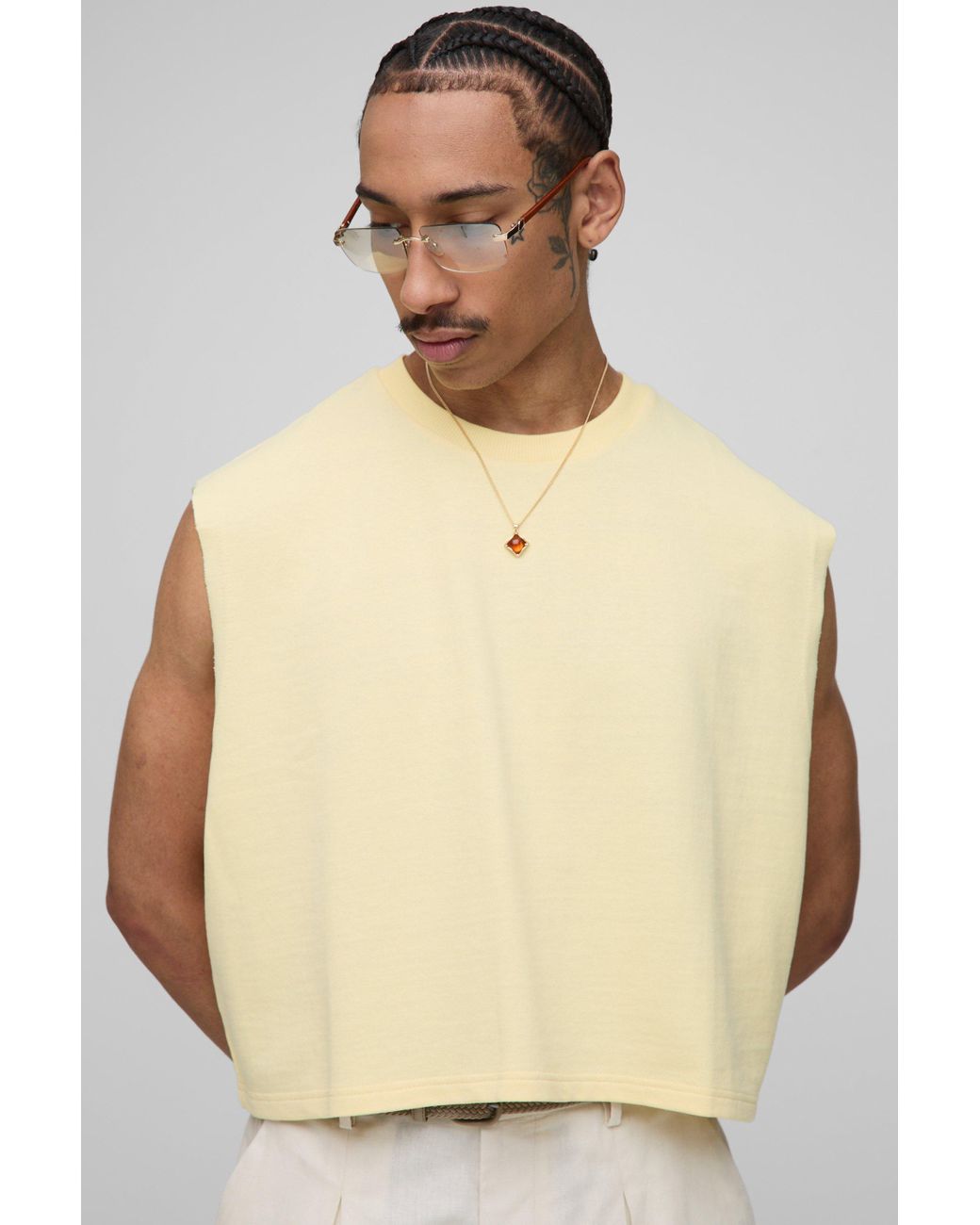 BoohooMAN Oversized Loopback Shrunken Boxy Tank in Natural for Men | Lyst