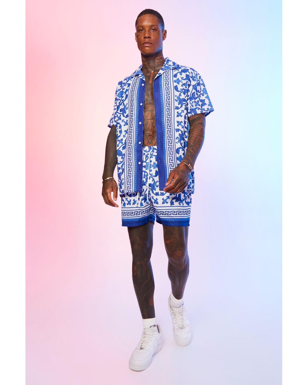 Boohooman Oversized Slub Geo Shirt And Shorts Set In Blue For Men Lyst