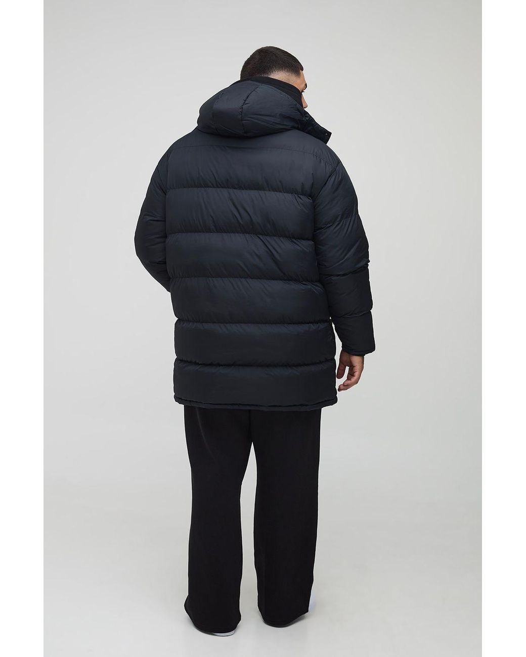 BoohooMAN Plus Regular Fit Hooded Longline Puffer Jacket in Blue for ...