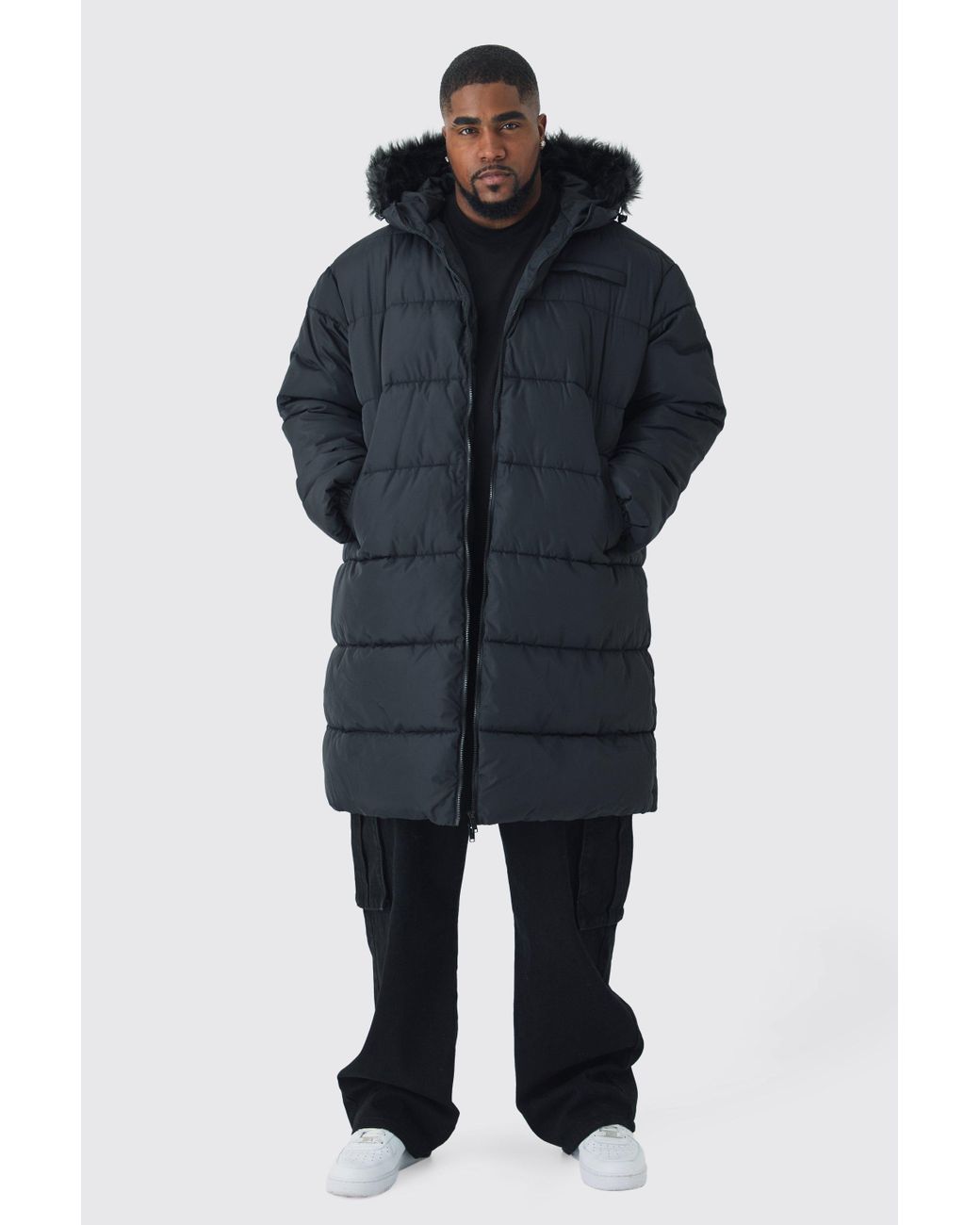 BoohooMAN Plus Longline Faux Fur Regular Fit Hooded Puffer Jacket In ...