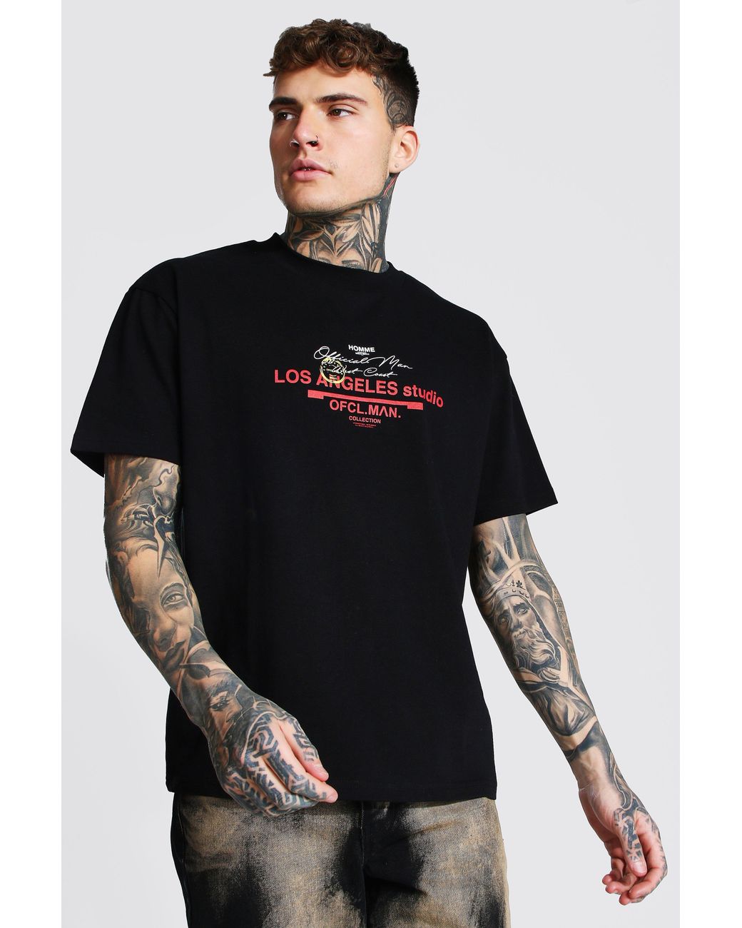 Boohooman Denim Oversized Extended Neck La Print T Shirt In Black For