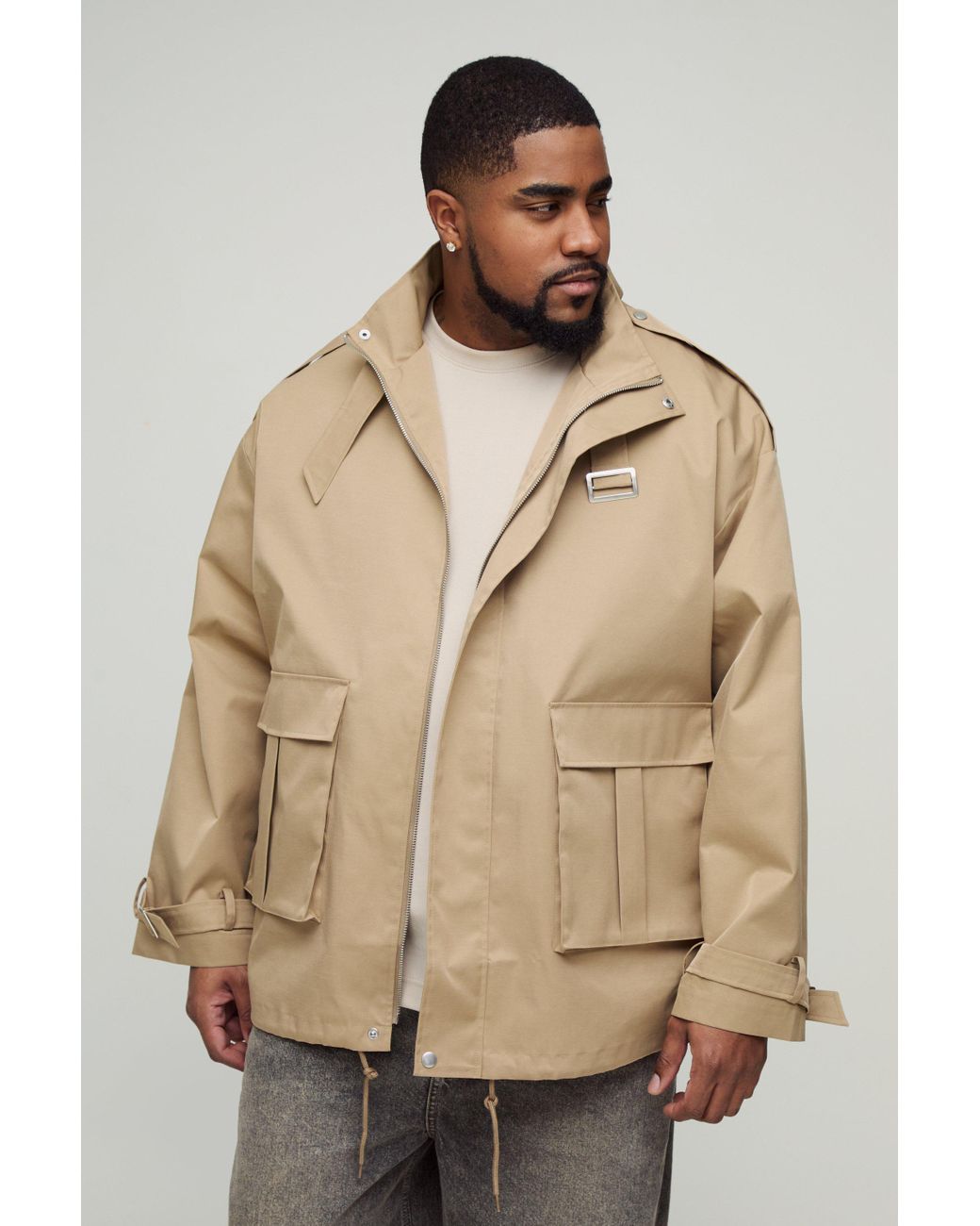 BoohooMAN Plus Oversized Boxy Cargo Trench Coat in Natural for Men | Lyst