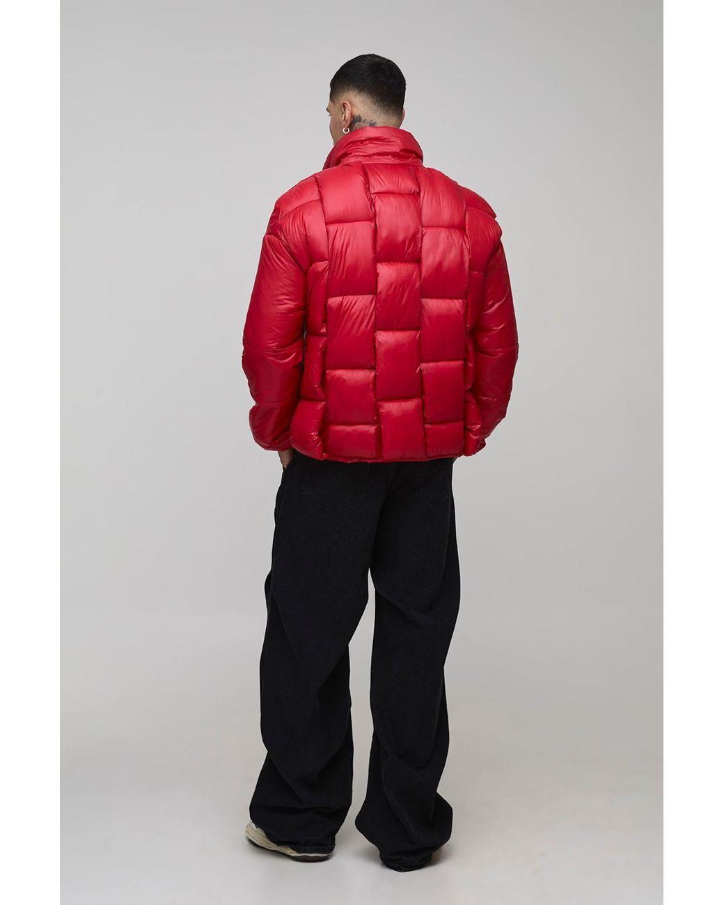 BoohooMAN Tall High Shine Weft Oversized Funnel Neck Puffer Jacket in ...