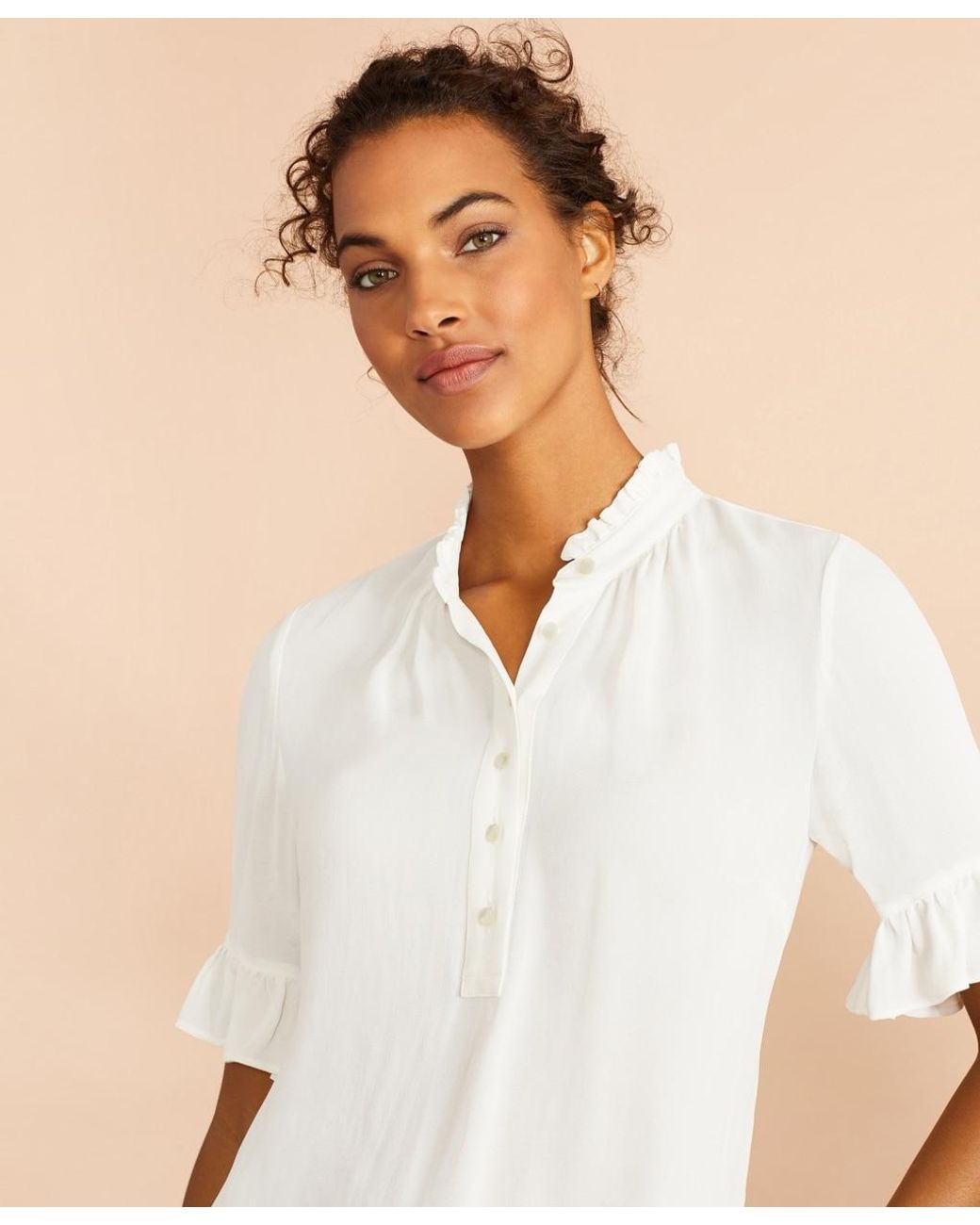Brooks Brothers Fleece Crepe Ruffled Blouse In White Lyst