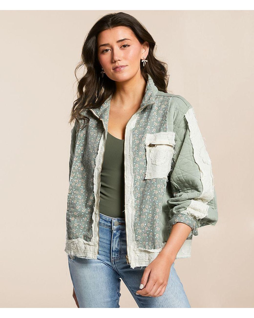 Pol Pieced Floral Quilted Jacket in Green | Lyst