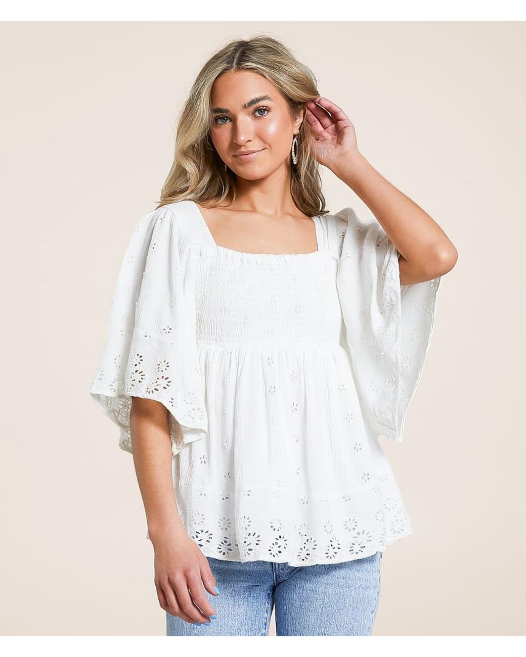 Angie Smocked Floral Eyelet Top in White | Lyst